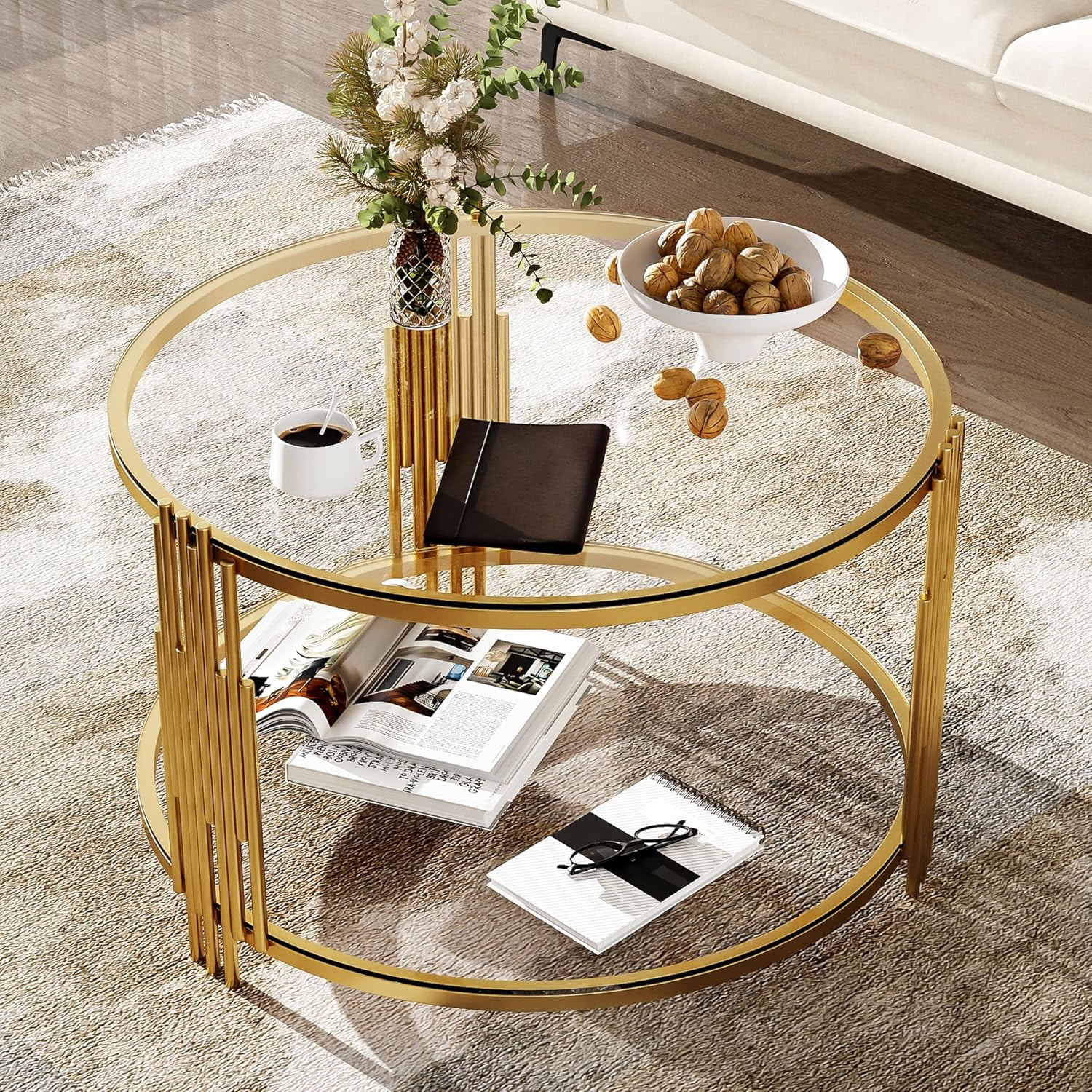 kevinplus 31.5'' Tempered Glass Round Coffee Table for Living Room, 2-Tier Modern Circle Coffee ...