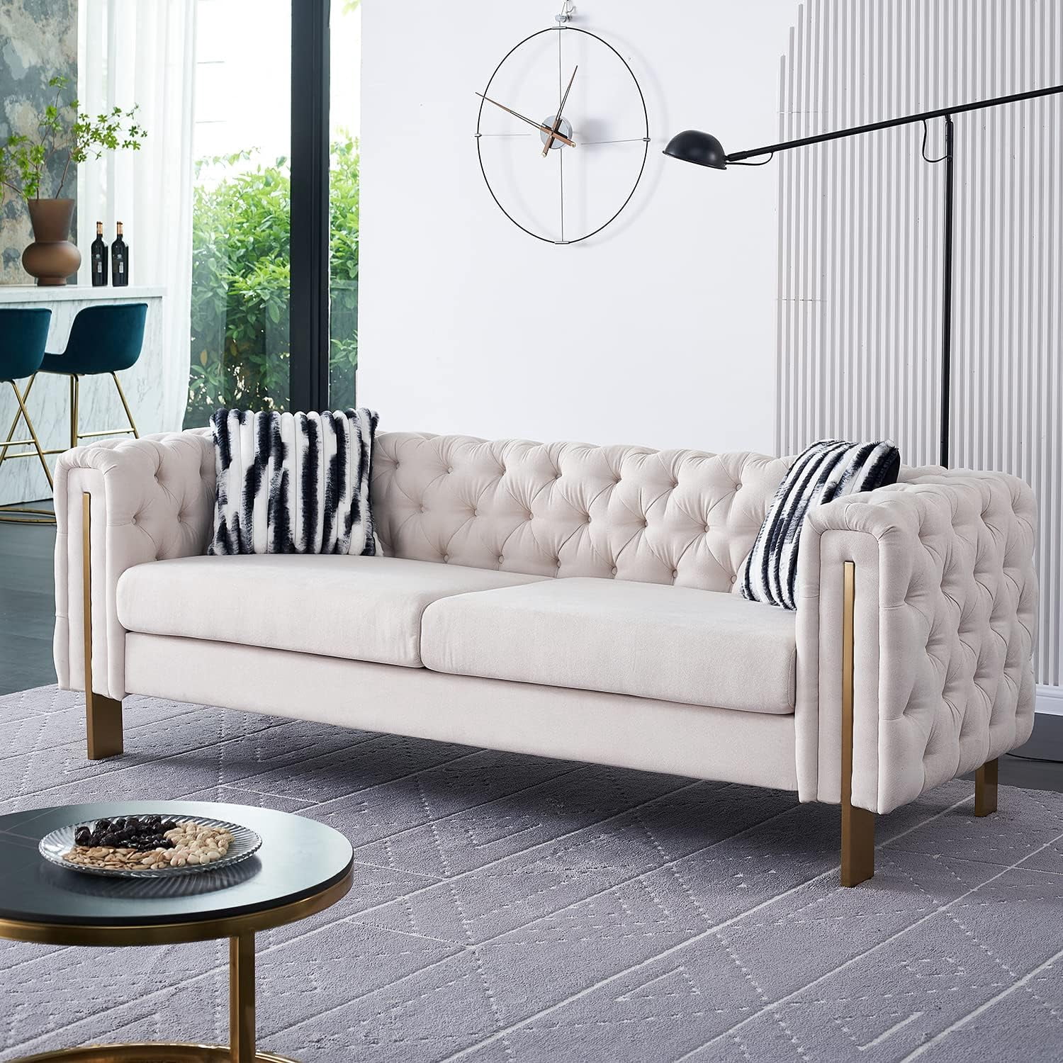 kevinplus 84.2'' Linen Chesterfield Sofa Couch for Living Room, Modern ...