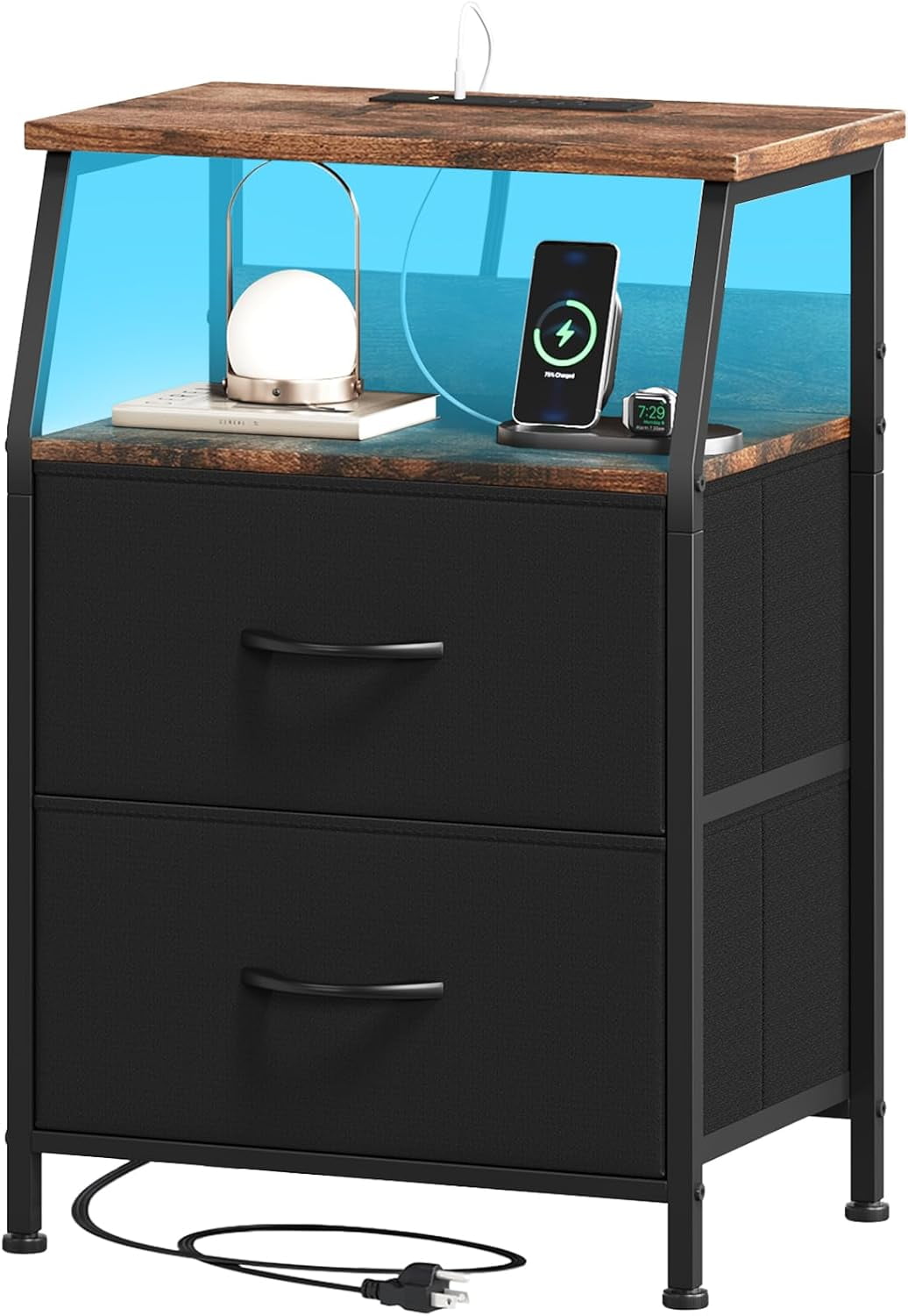 khhdgfhh Black Nightstand with Charging Station and LED Light for ...