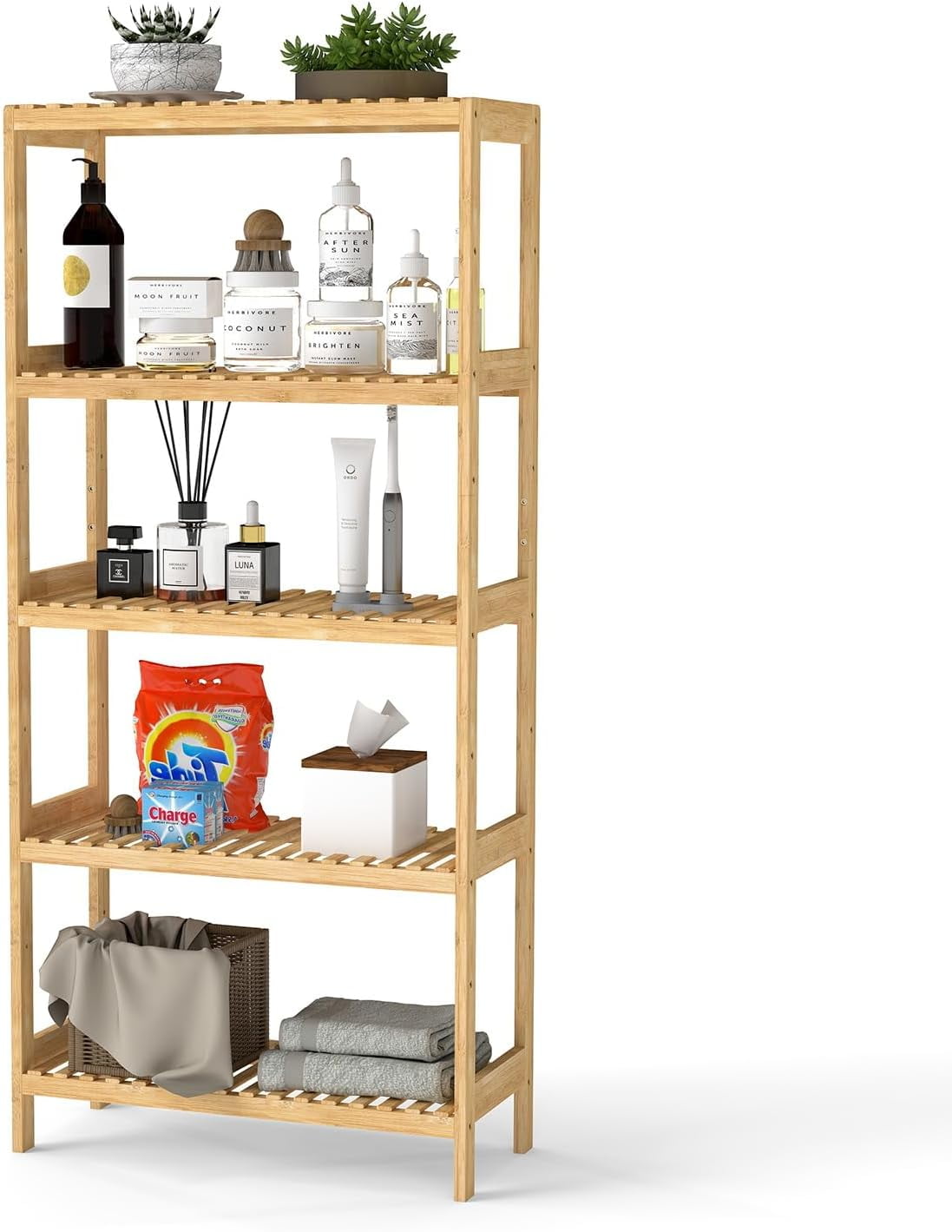 kinbor 5-Tier Bamboo Shelf Freestanding - Space-Saving Bathroom ...