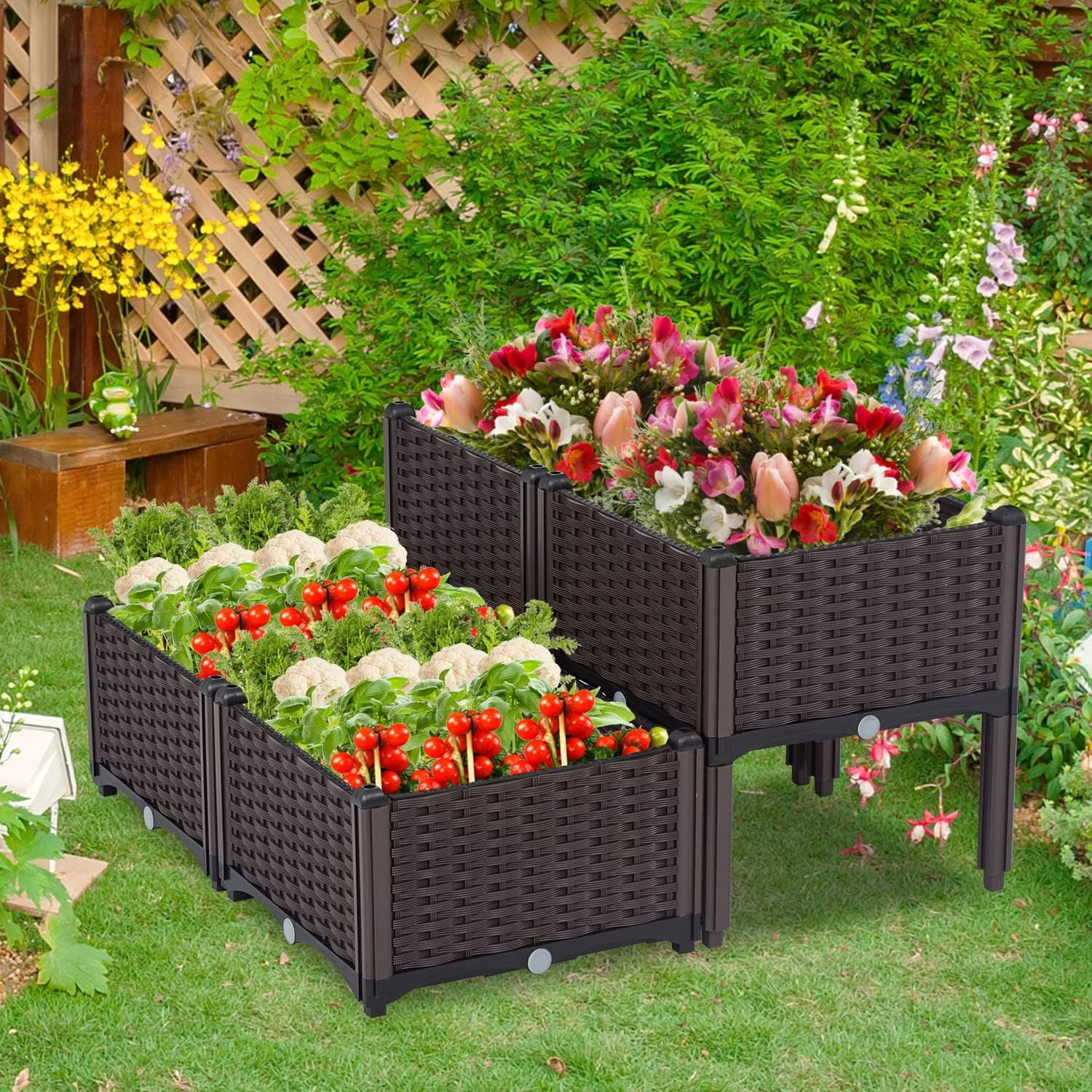 kinbor Elevated Planter Raised Bed - Set of 4 Plastic Raised Garden ...