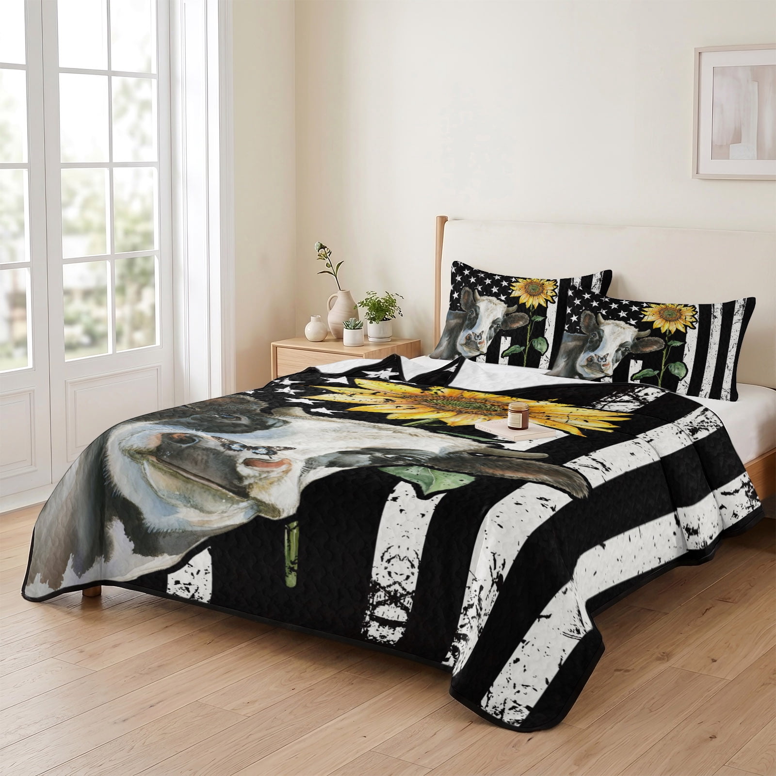 king Quilt Bedding Set, Farm Cow Sunflower Art Lightweight Coverlet ...