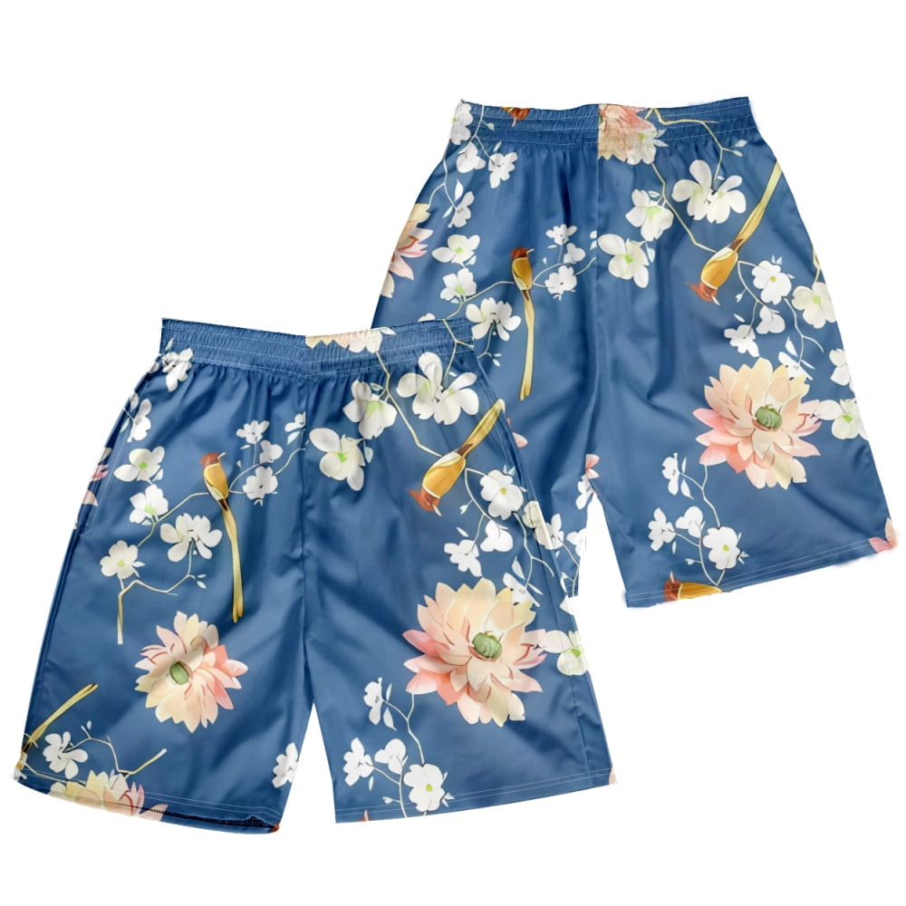 Kingque Men Beach Shorts Elastic Waist Bottoms Floral Print Summer
