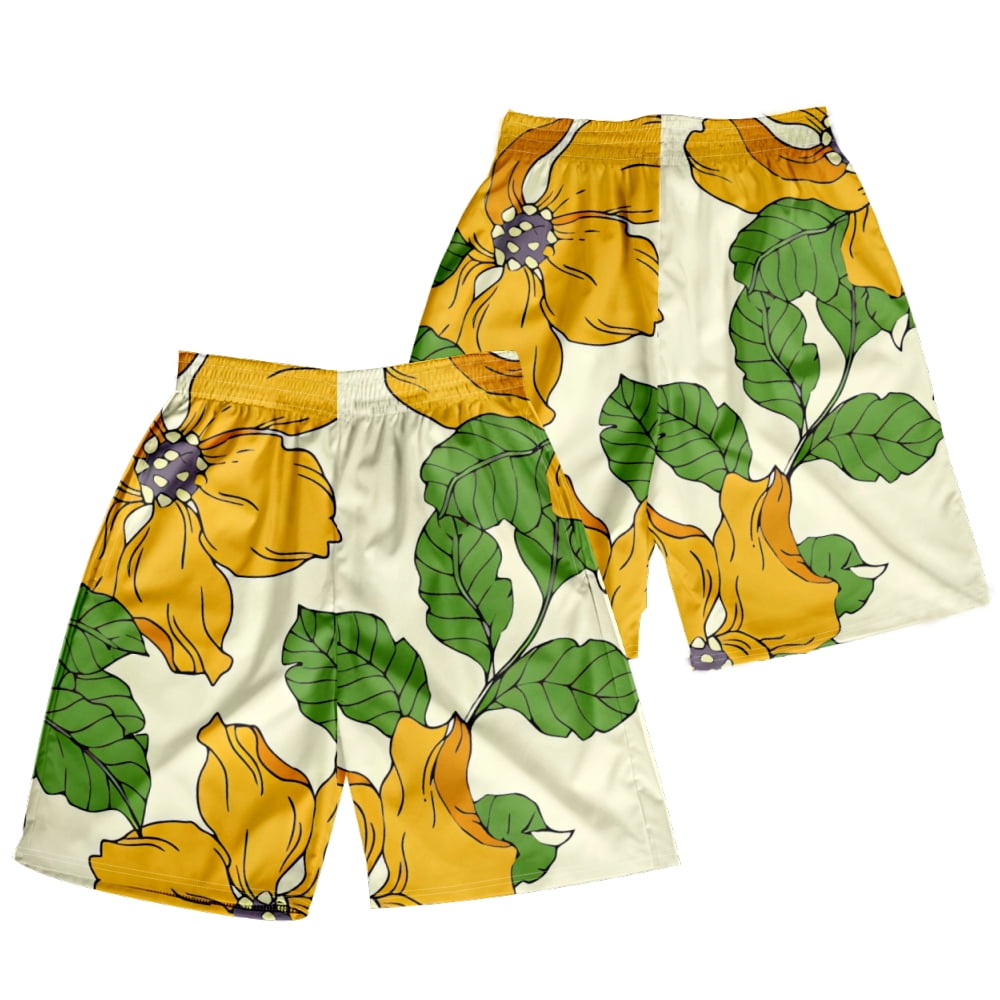 Kingque Men Beach Shorts Elastic Waist Bottoms Floral Print Summer