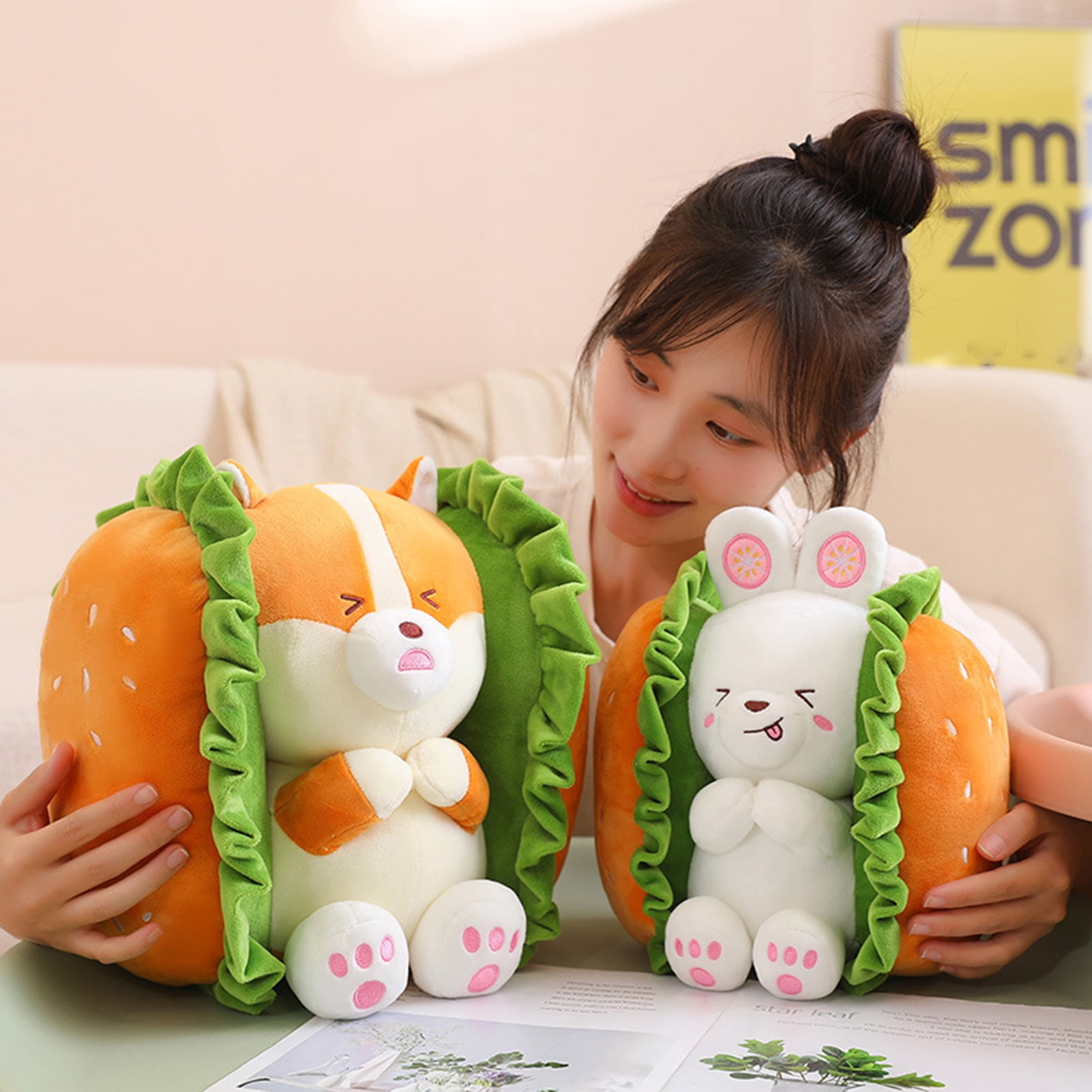 kiskick Cartoon Animal Plush Doll, Super Cute Hamburger Rabbit/Corgi ...