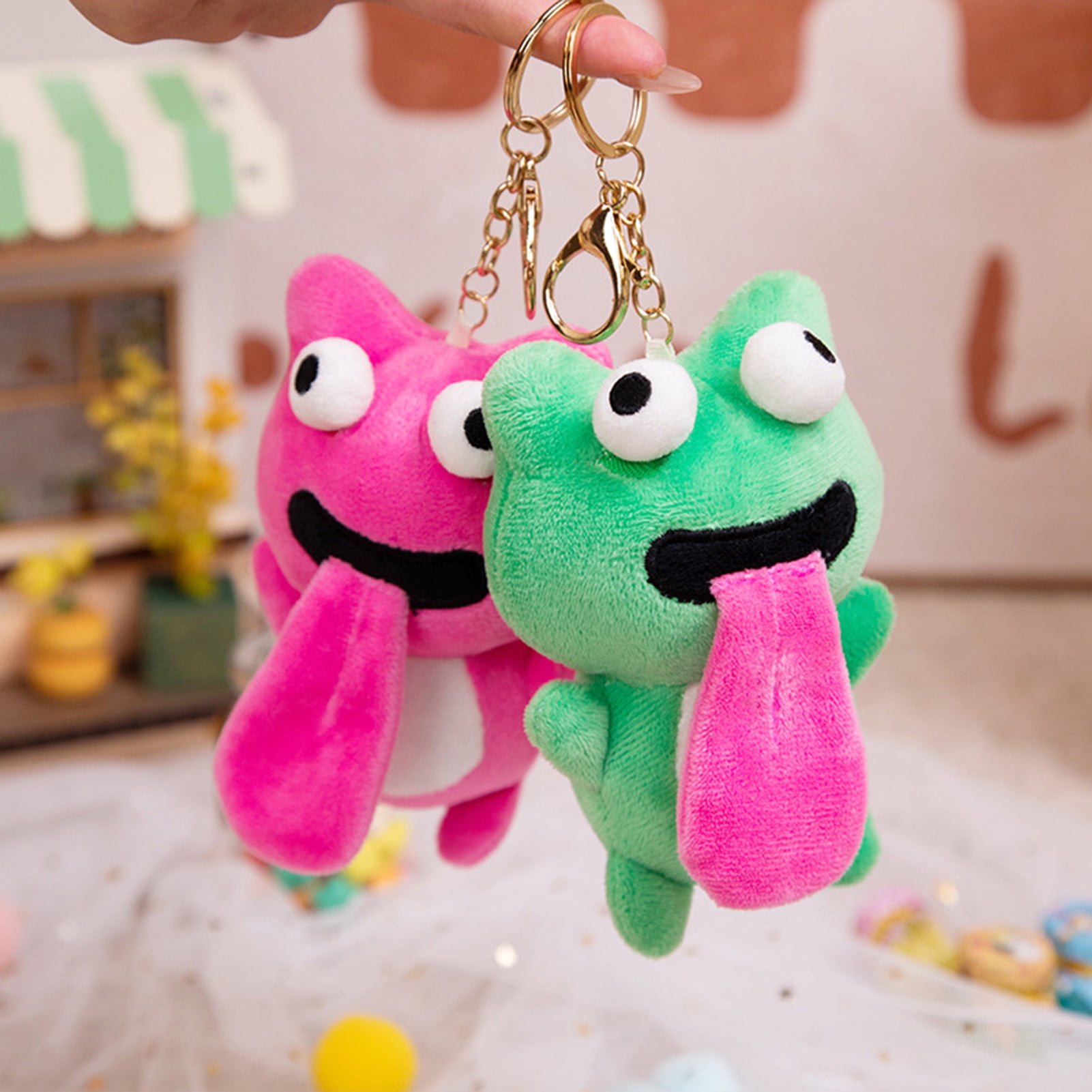 kiskick Cartoon Frog Plush Keychain, Long Tongue Kiss Green/Pink Frog ...