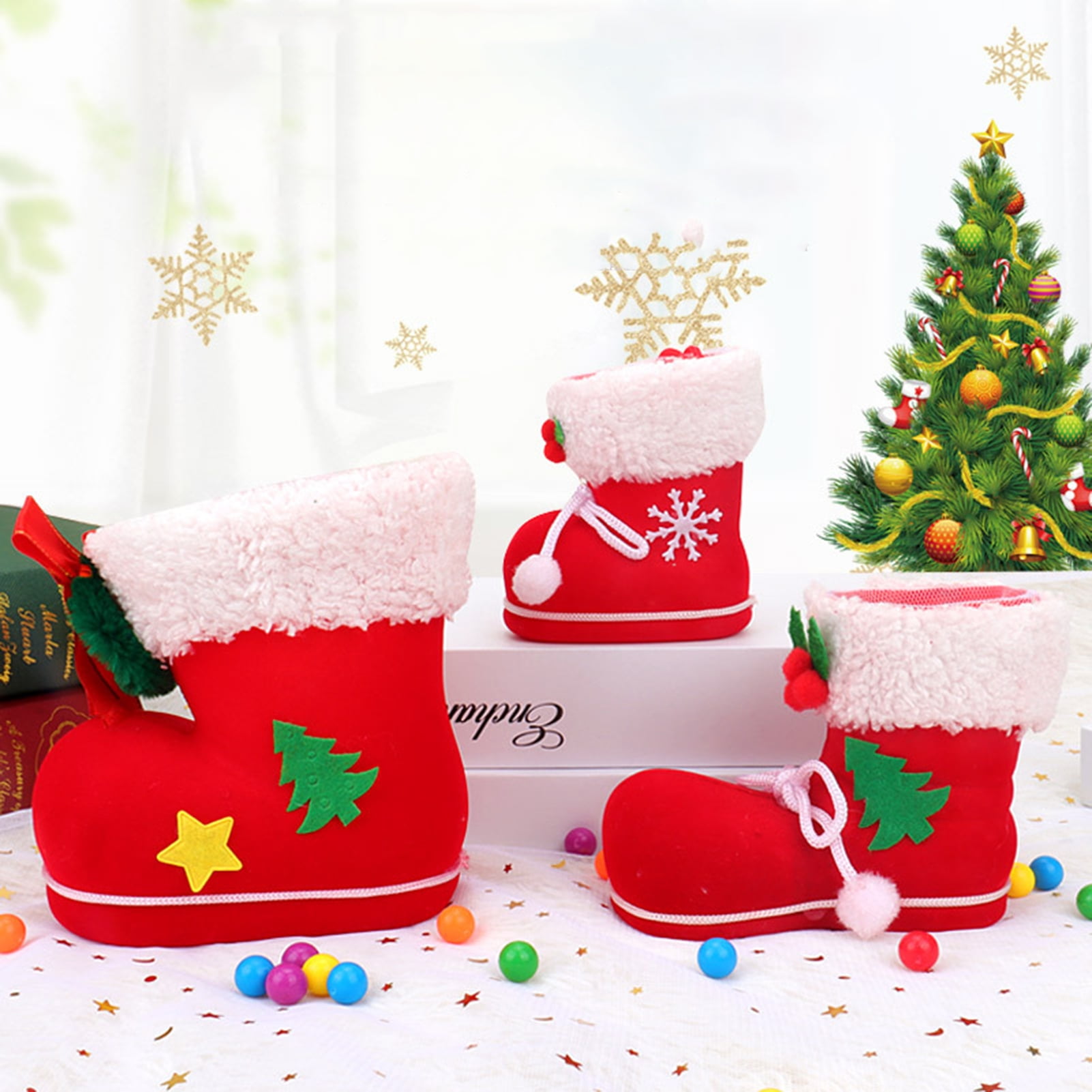 kiskick Christmas Gift Boot White Plush Top: Red Berries Tree Snowflake ...