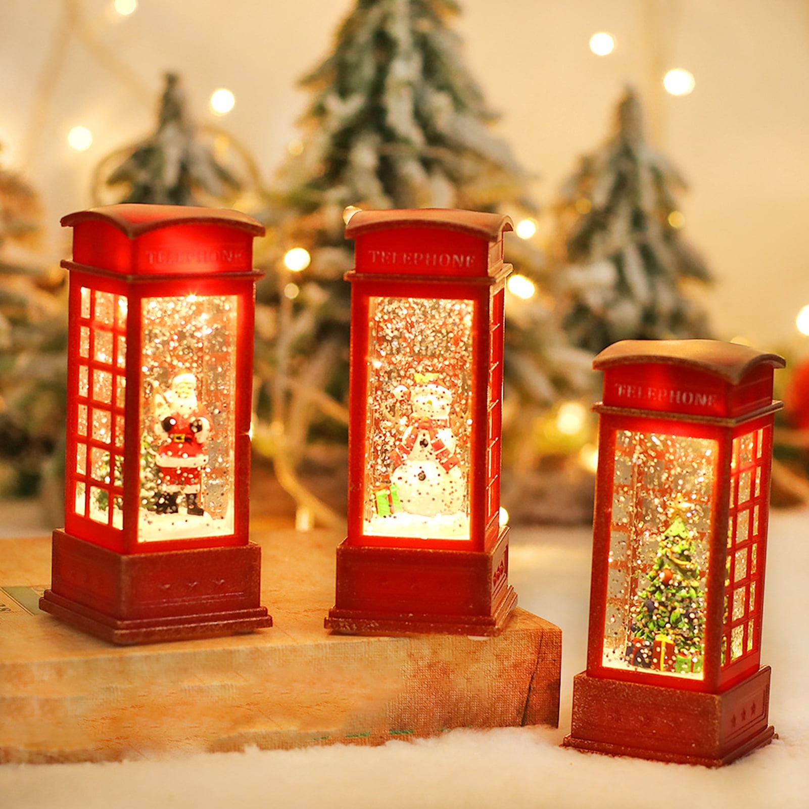 kiskick Glowing Christmas Phone Booth Ornament - Luminous Red Phone Booth Desktop Ornaments with ...