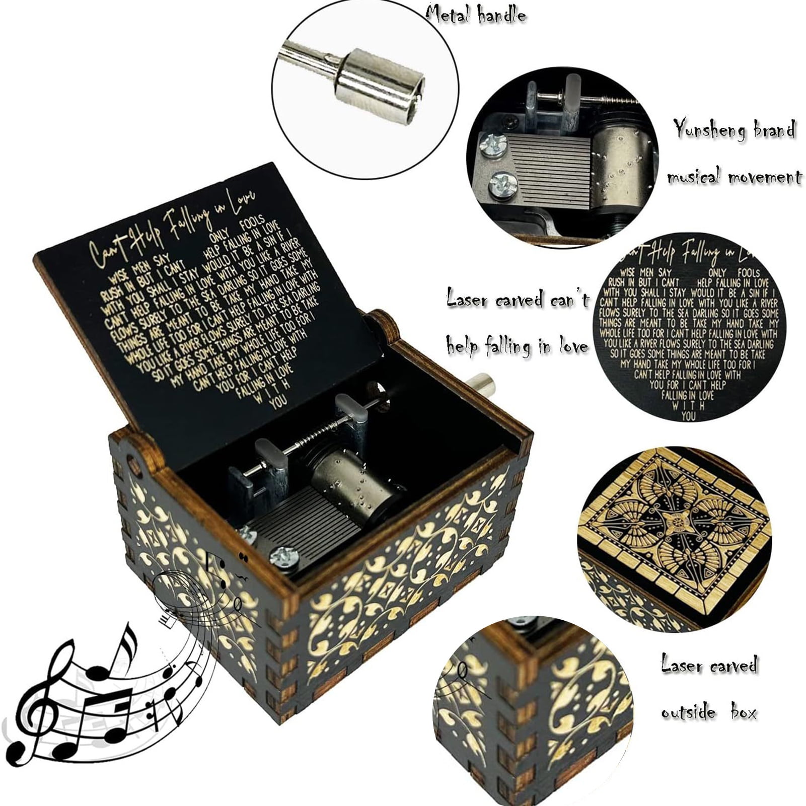 kiskick Wooden Music Box, Manual Handle Soothing Melody, Engraved Words ...