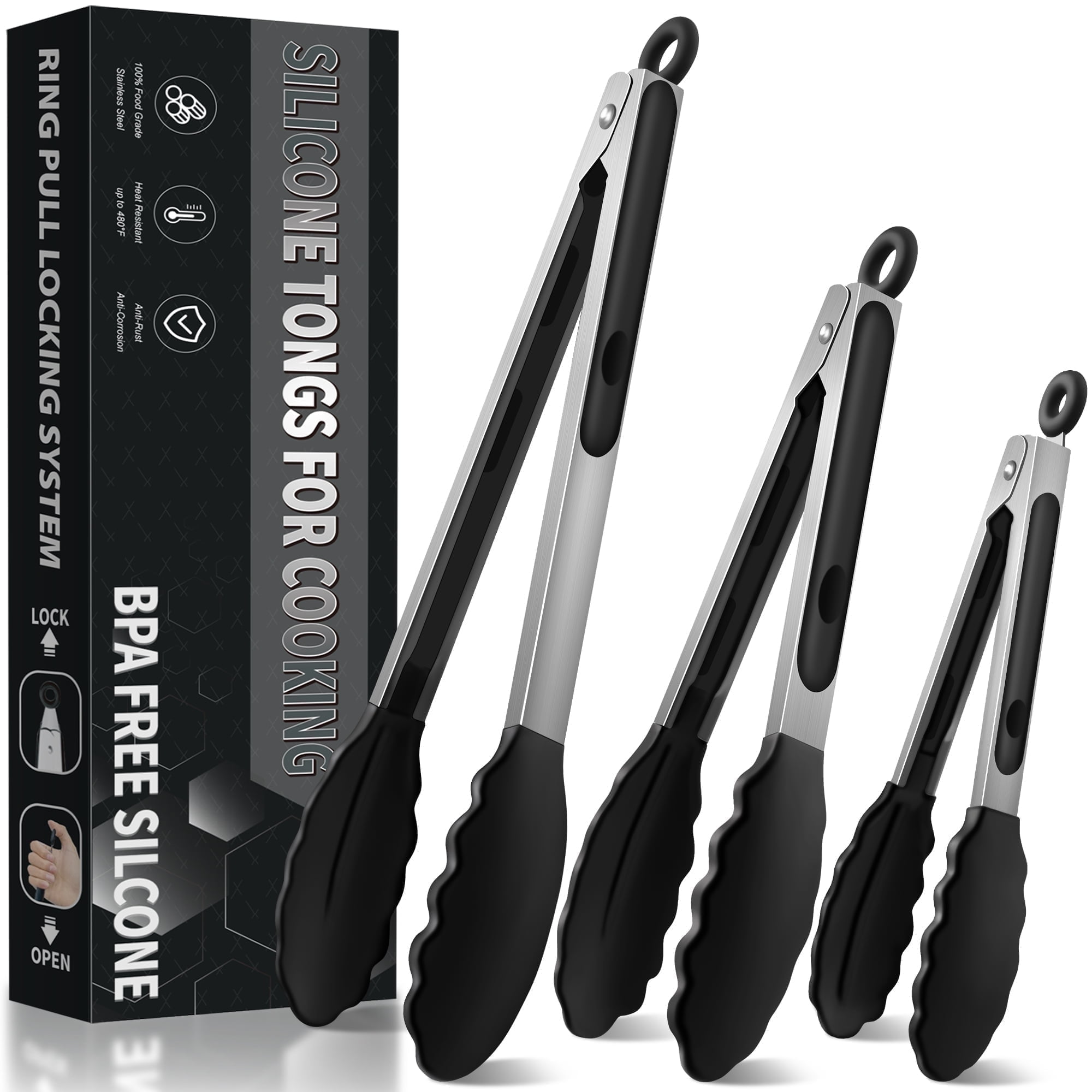 BISNIE Silicone Tongs for Cooking Temperature Resistance High of 480 °F ...