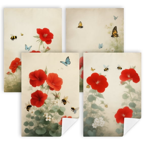 kitchen towels summer A painting of red flowers and a bee flying over ...