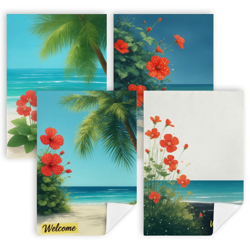 kitchen towels summer theme A picture of a beach with a palm tree and ...