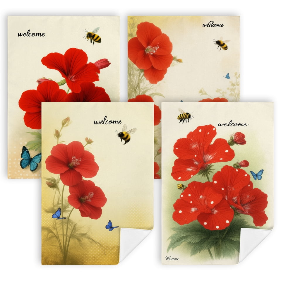 kitchen towels summer theme A red flower with a bee and a blue ...