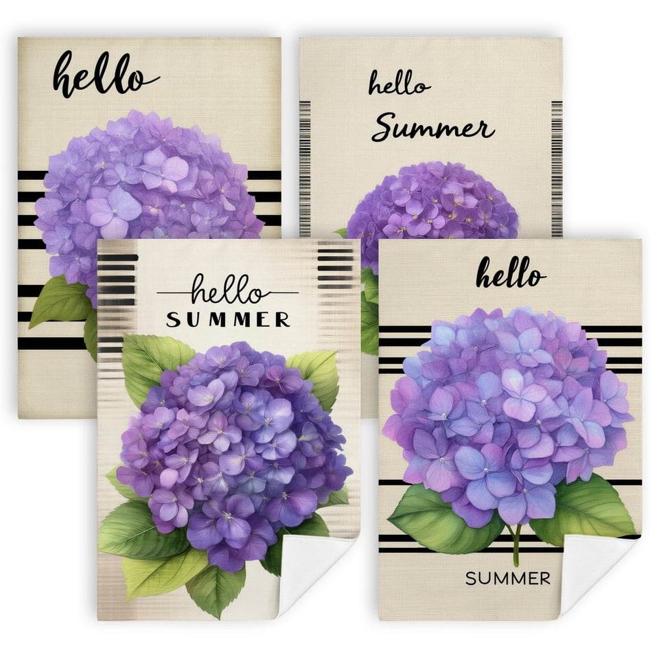 kitchen towels summer theme A purple hydrangea with green leaves on a ...