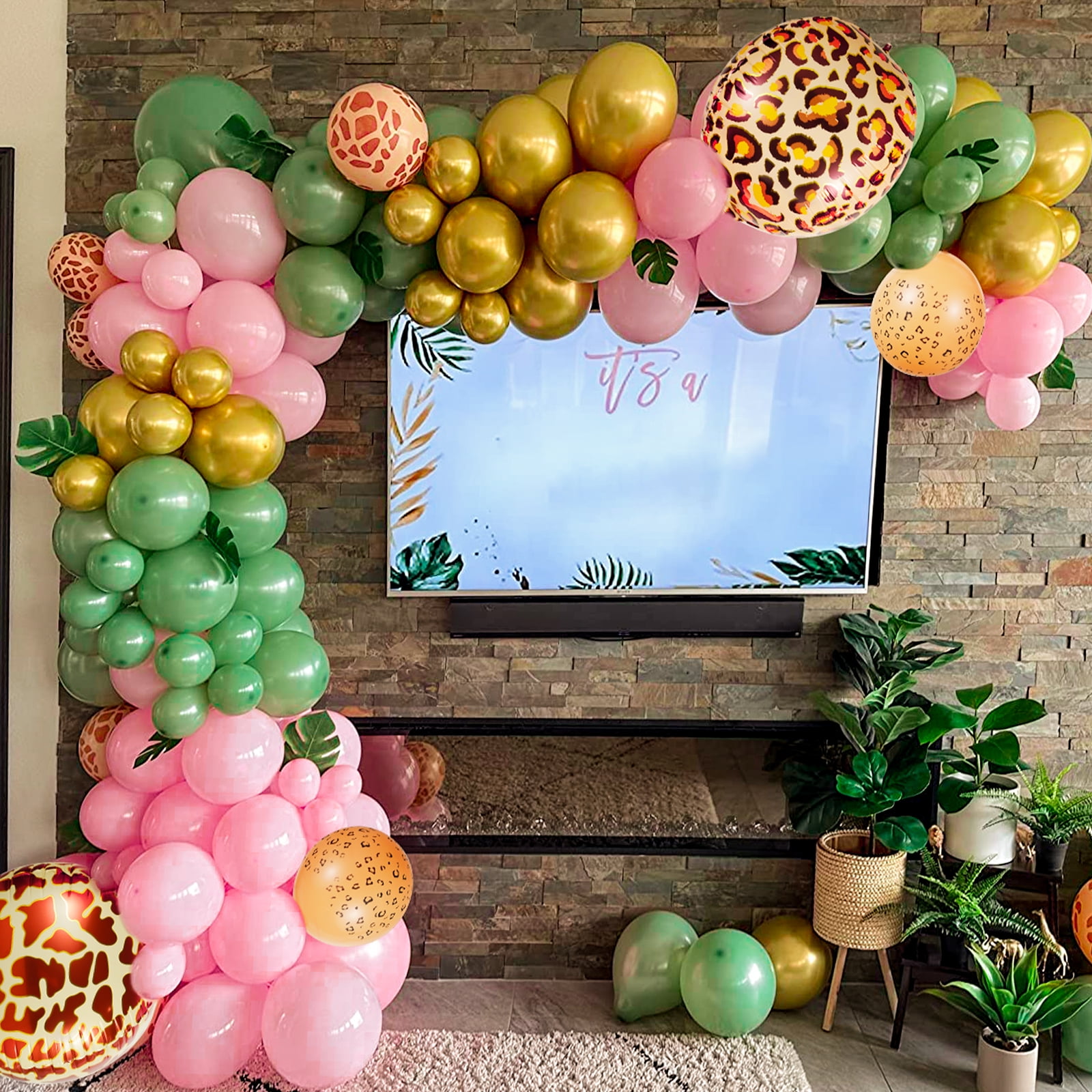 kitwin 170Pcs Jungle Balloon Garland Arch Kit Animal Printed Pink Sage ...