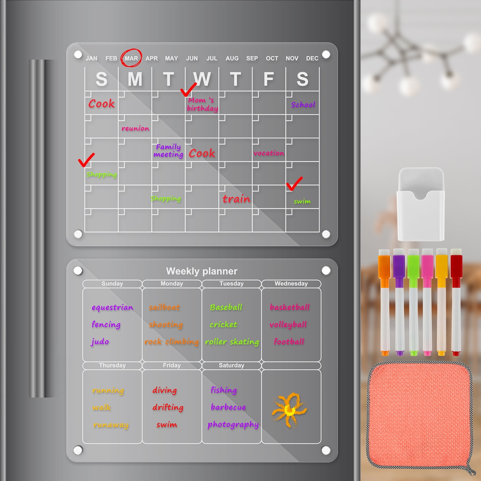 kitwin Acrylic Magnetic Calendar Clear Dry Erase Board Reusable Monthly ...
