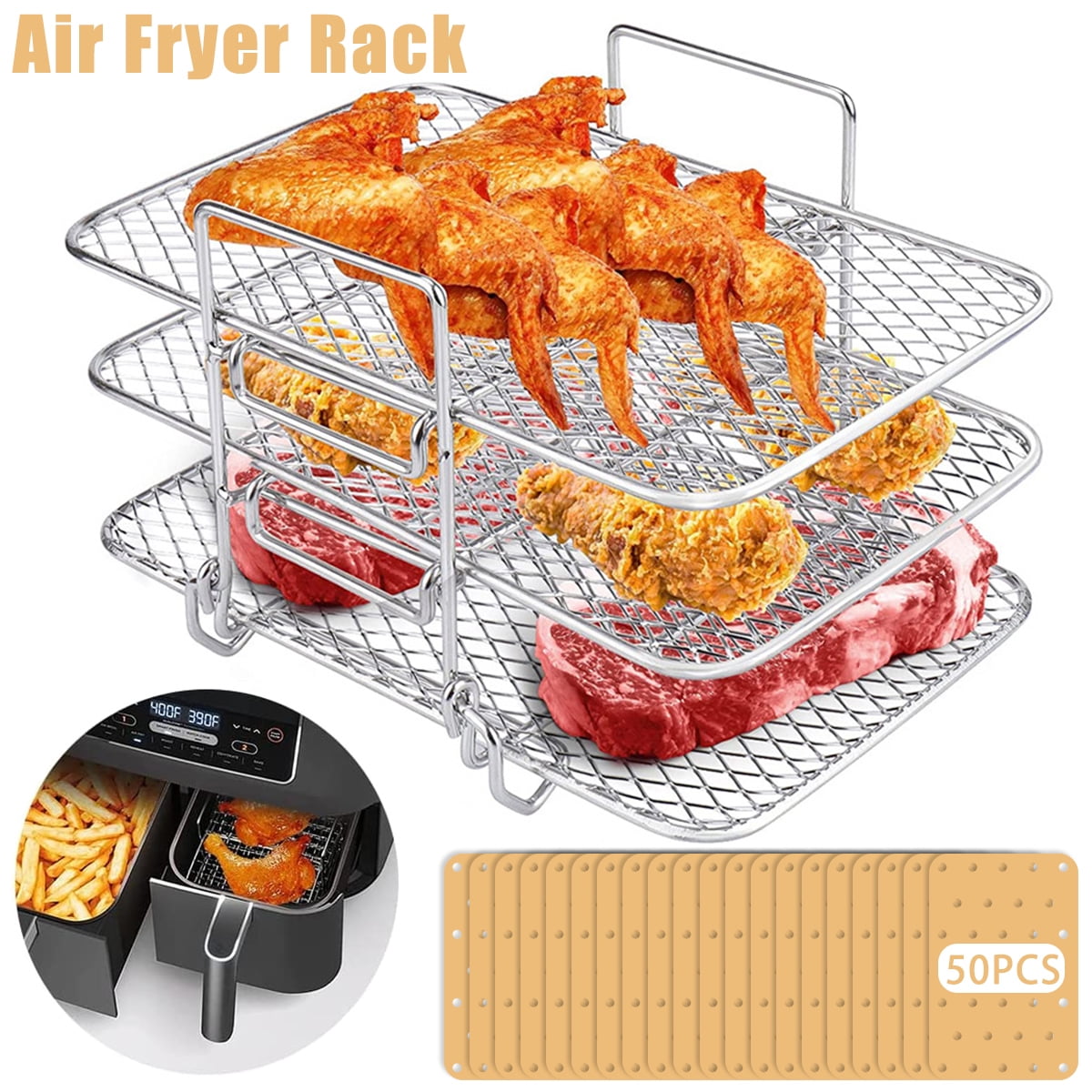 kitwin Air Fryer Rack with 50 Liners Sheets 3 Layered Stainless Steel ...