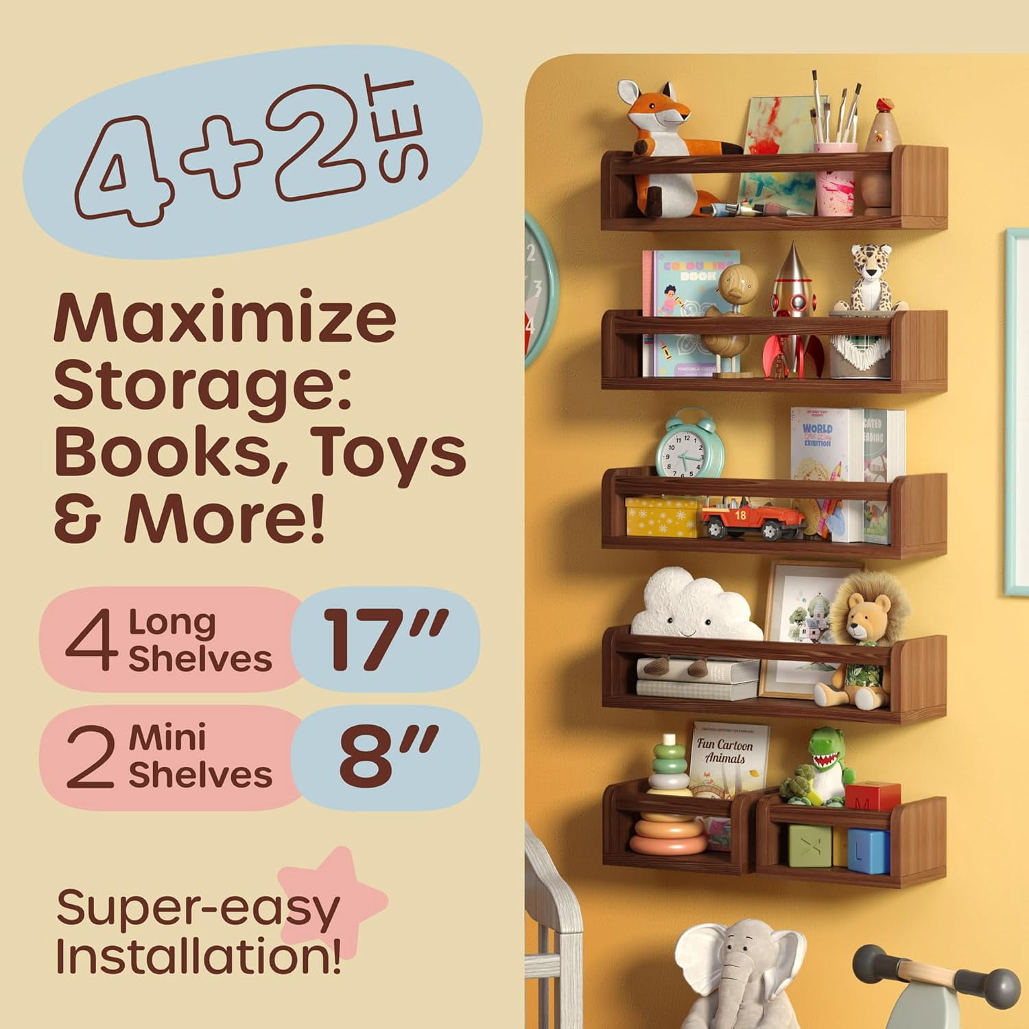 kjgtyuib KFHDMCV 5-in-1 Floating Nursery Book Shelves for Wall (3 Long ...