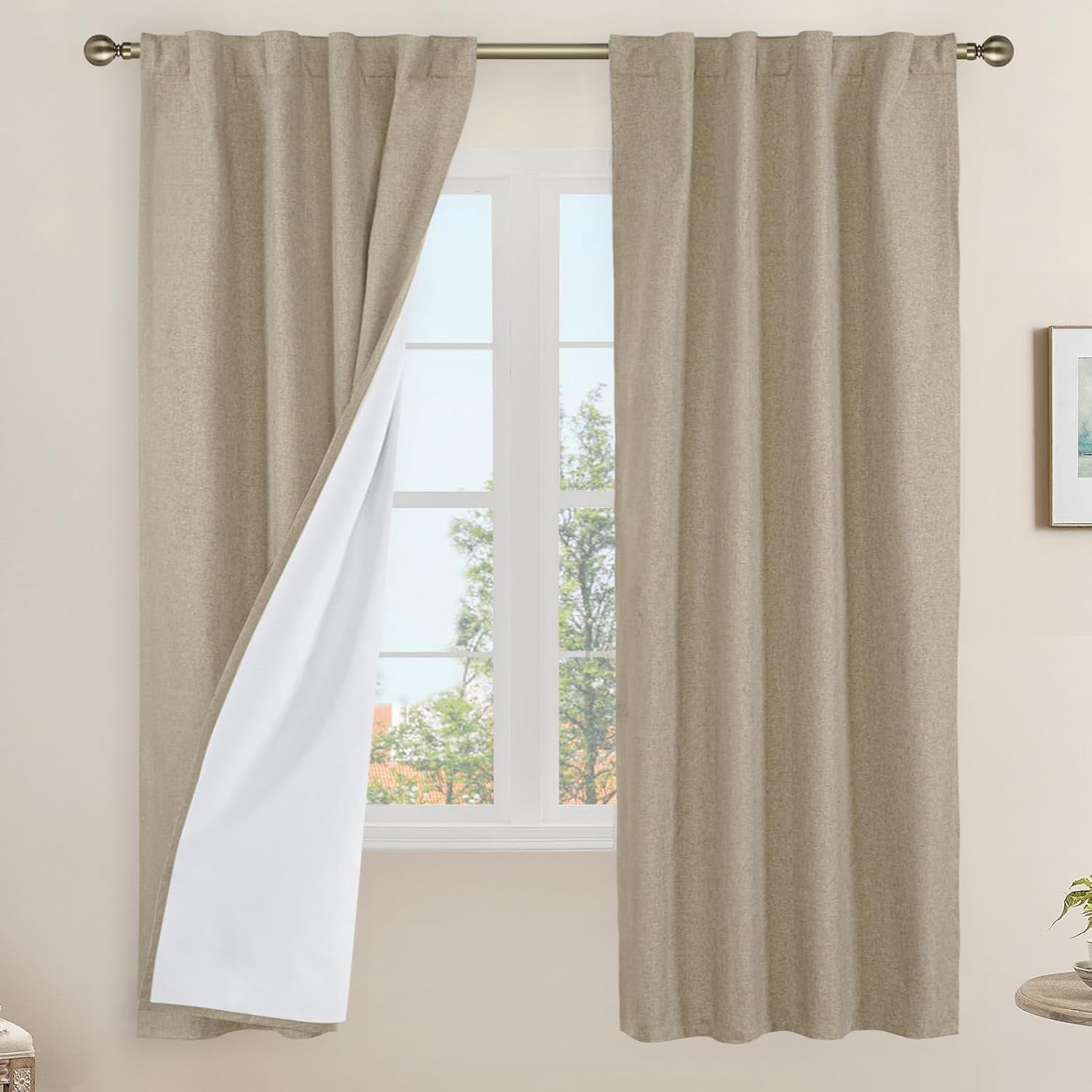 uhvdcft 100% Blackout Natural Curtains 63 Inches Textured Thermal ...