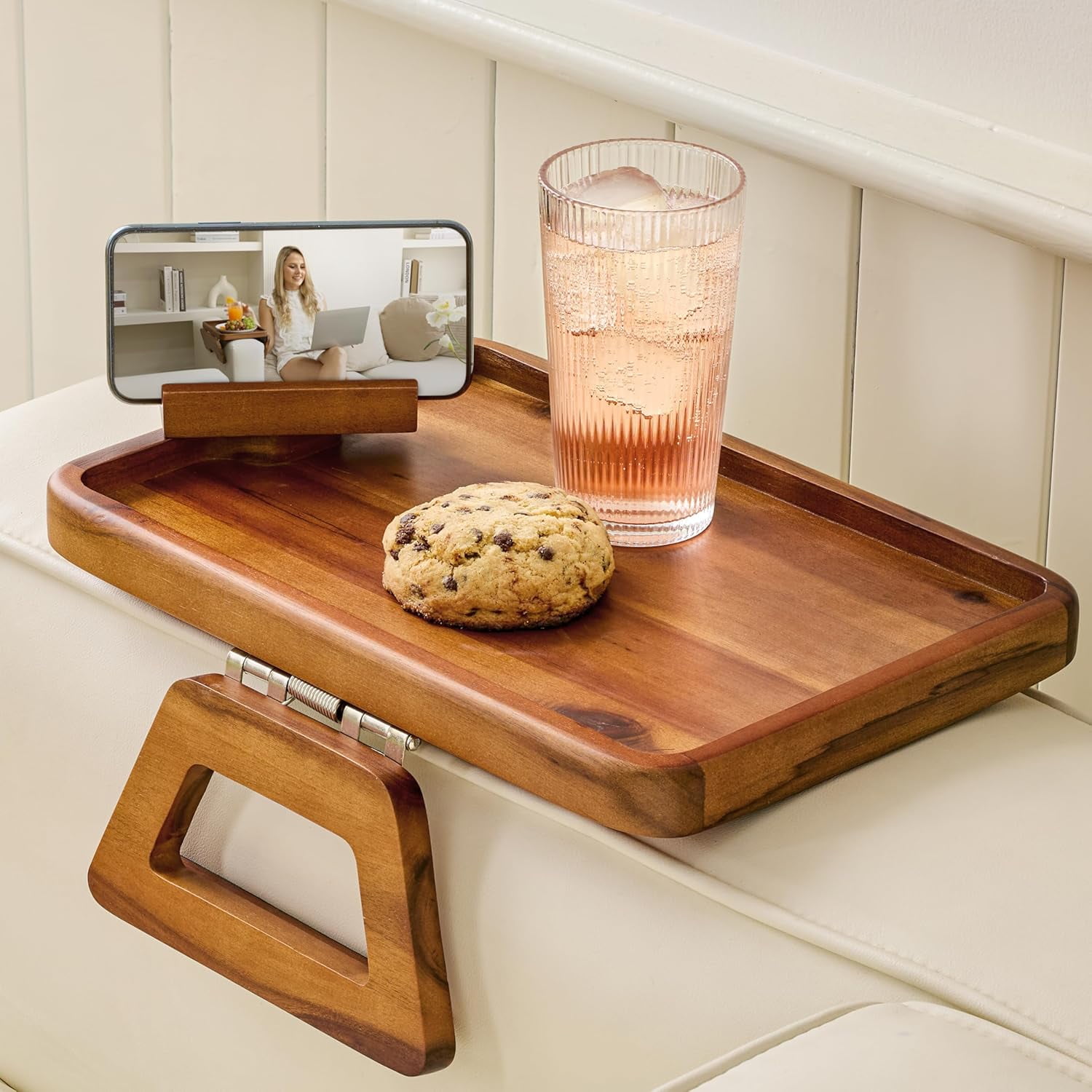 khhdgfhh Acacia Couch Arm Table with Phone Holder - Wooden Sofa Armrest ...