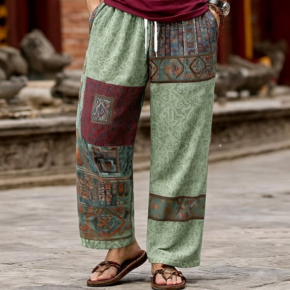 kladzum Pants for Men Drawstring Elastic Waist Straight Loose Boho ...