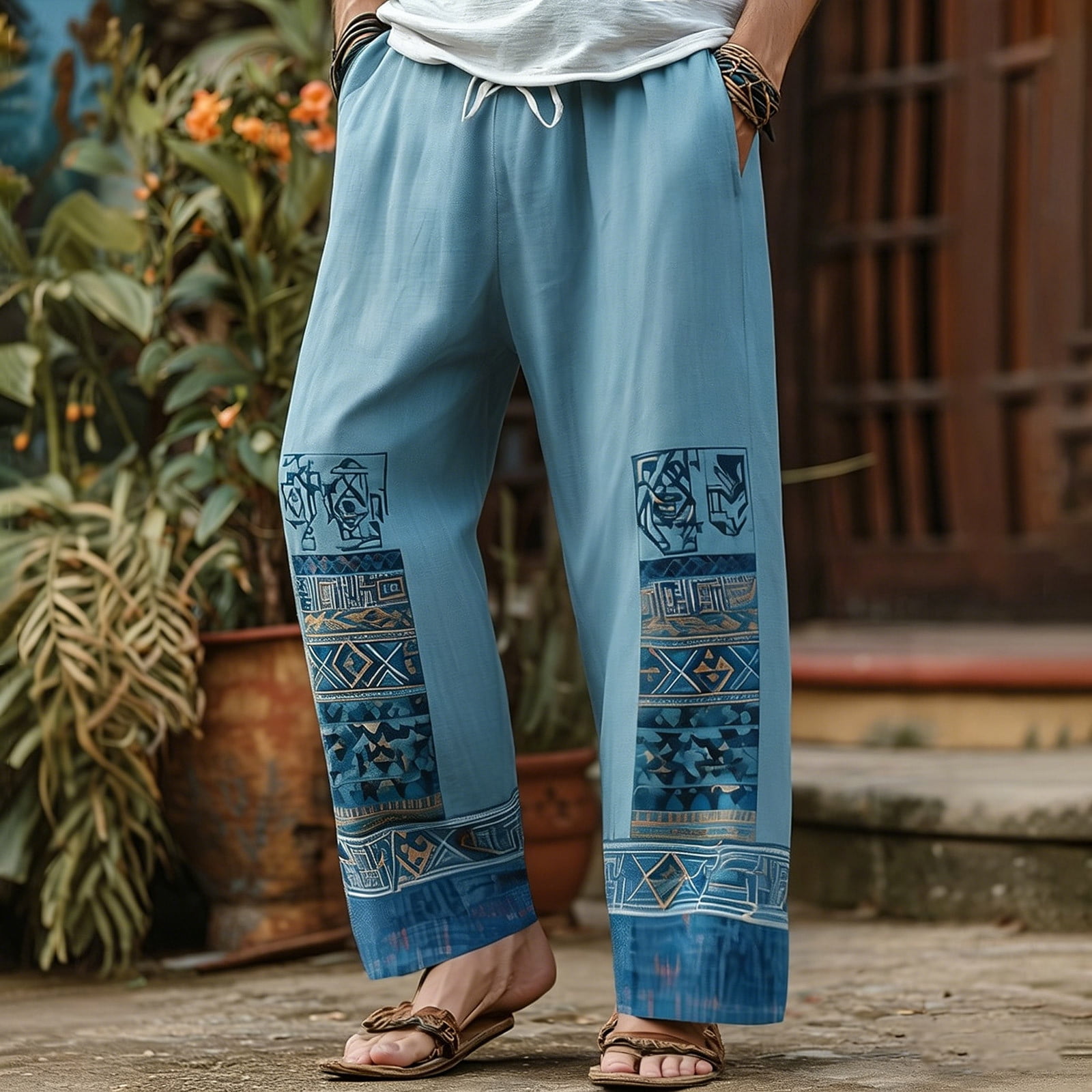 kladzum Pants for Men Drawstring Elastic Waist Straight Loose Boho ...