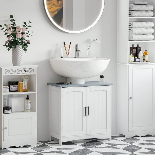 Kleankin Pedestal Under Sink Cabinet with Double Doors Modern Bathroom Vanity Unit Storage Cupboard with Adjustable Shelves White