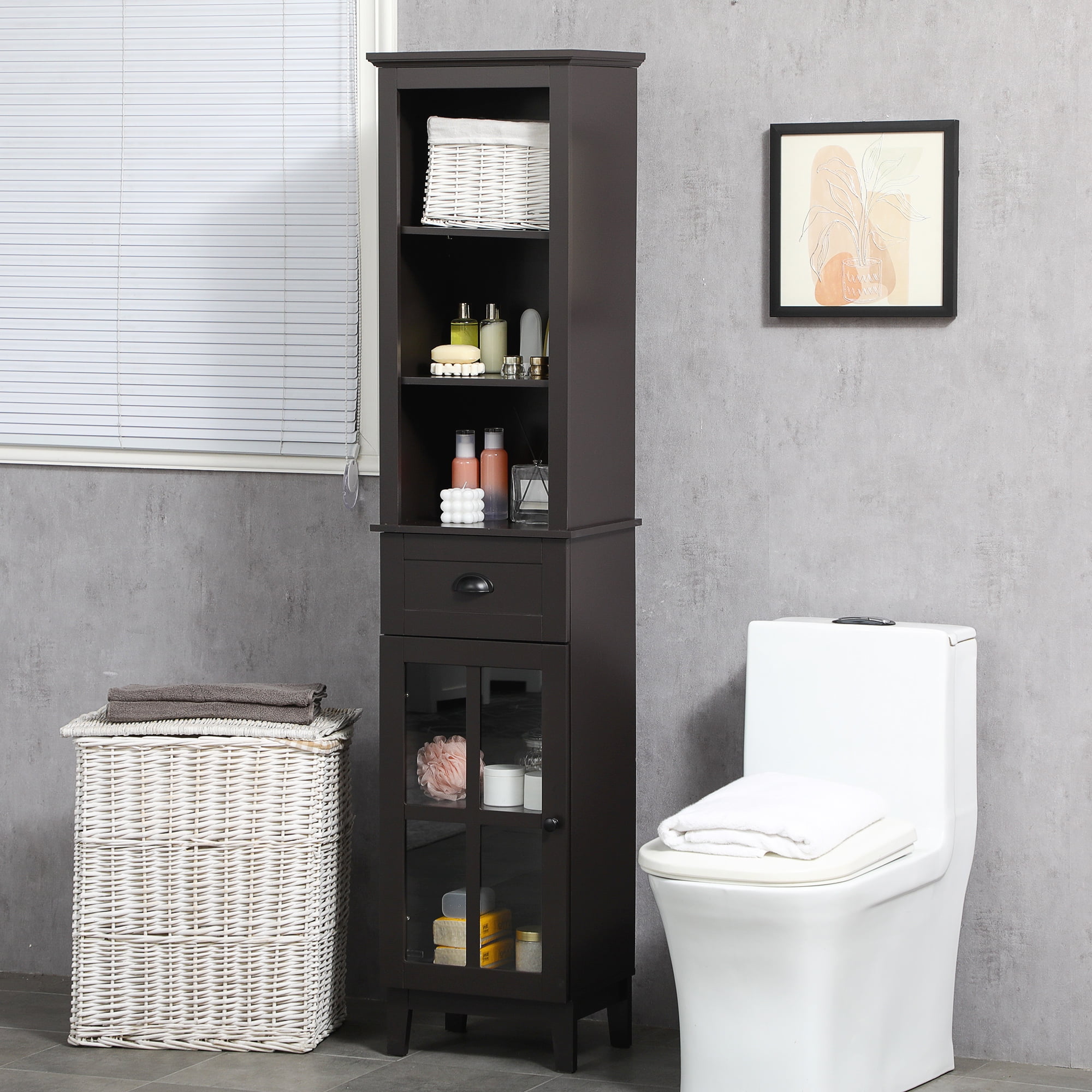 kleankin Slim Bathroom Storage Cabinet Door & Shelves Linen Tower ...