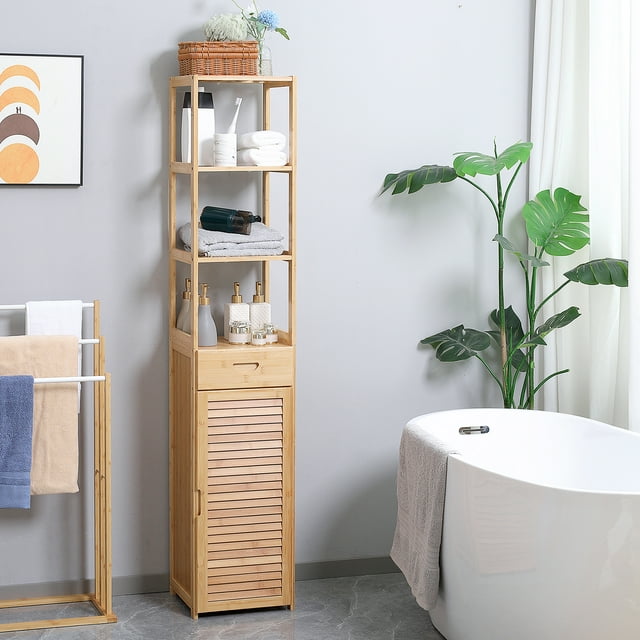 kleankin Slim Bamboo Storage Cabinet, Tall Standing Narrow Bathroom ...