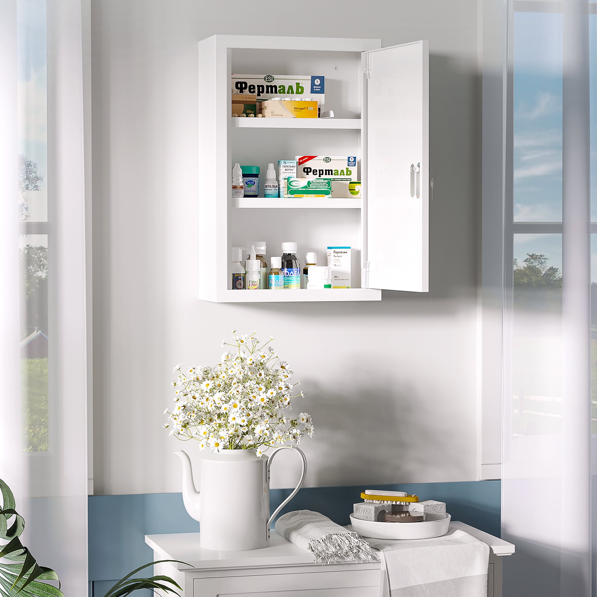 kleankin Wall Medicine Cabinet with Lock, Lockable Wall Cabinet, White ...