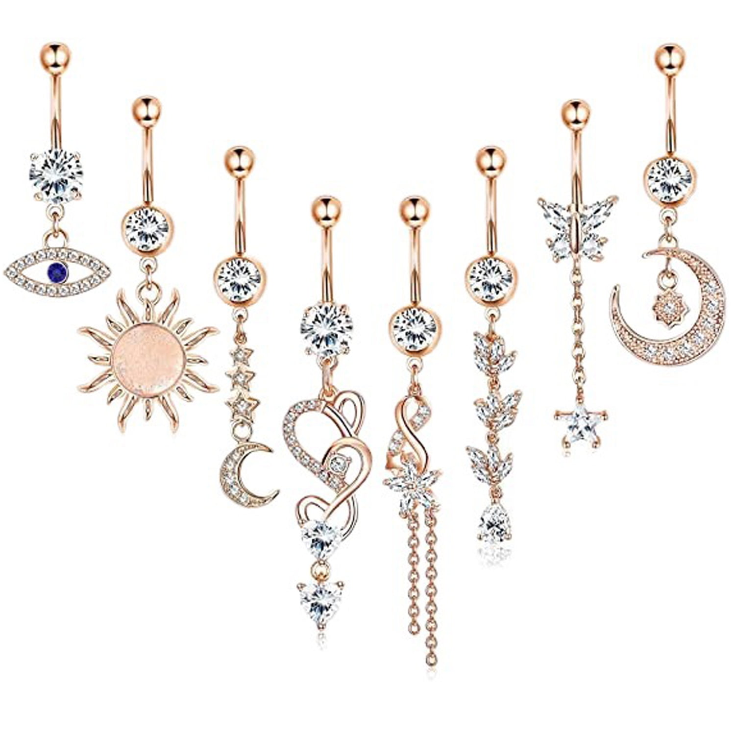 koeyisey 8Pcs Stainless Steel Dangle Belly Button Rings for Women Evil Eye CZ Navel Rings ...