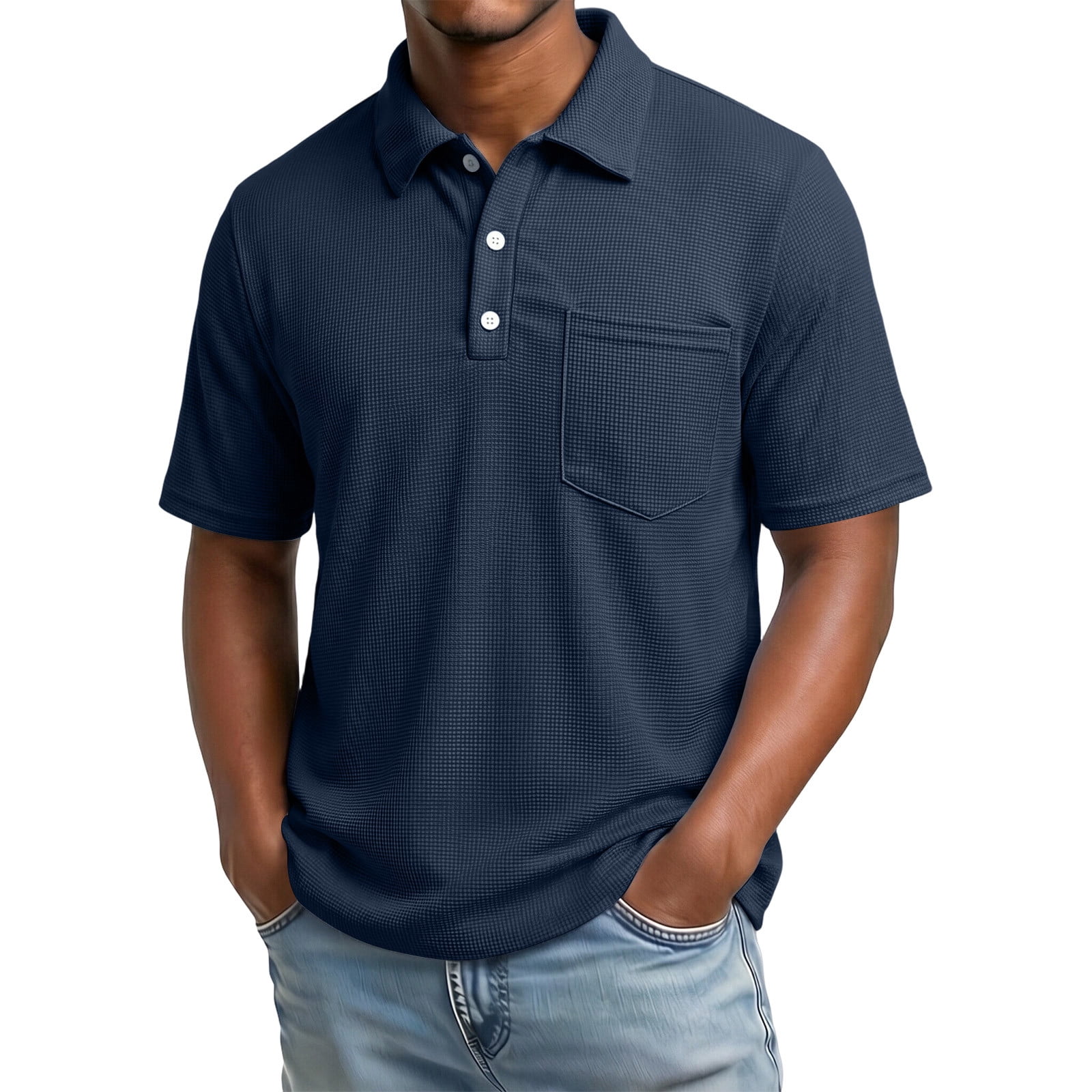 kosheko Chest-Pocket Collar Waffle Short-Sleeve Collared, Soft Pique ...
