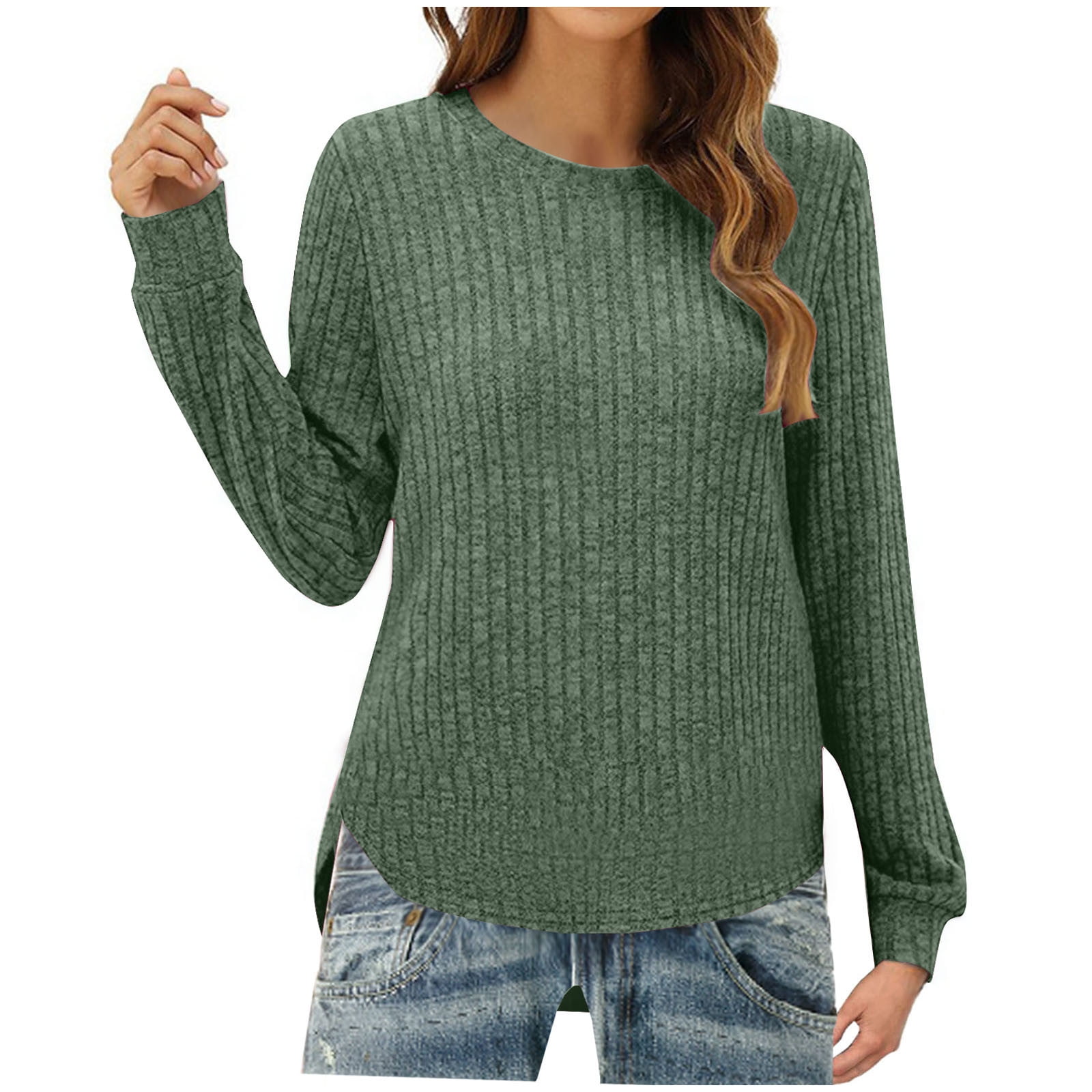 kpmatpey Sweaters for Women Ribbed Knit Crewneck Long Sleeve Hem Side ...