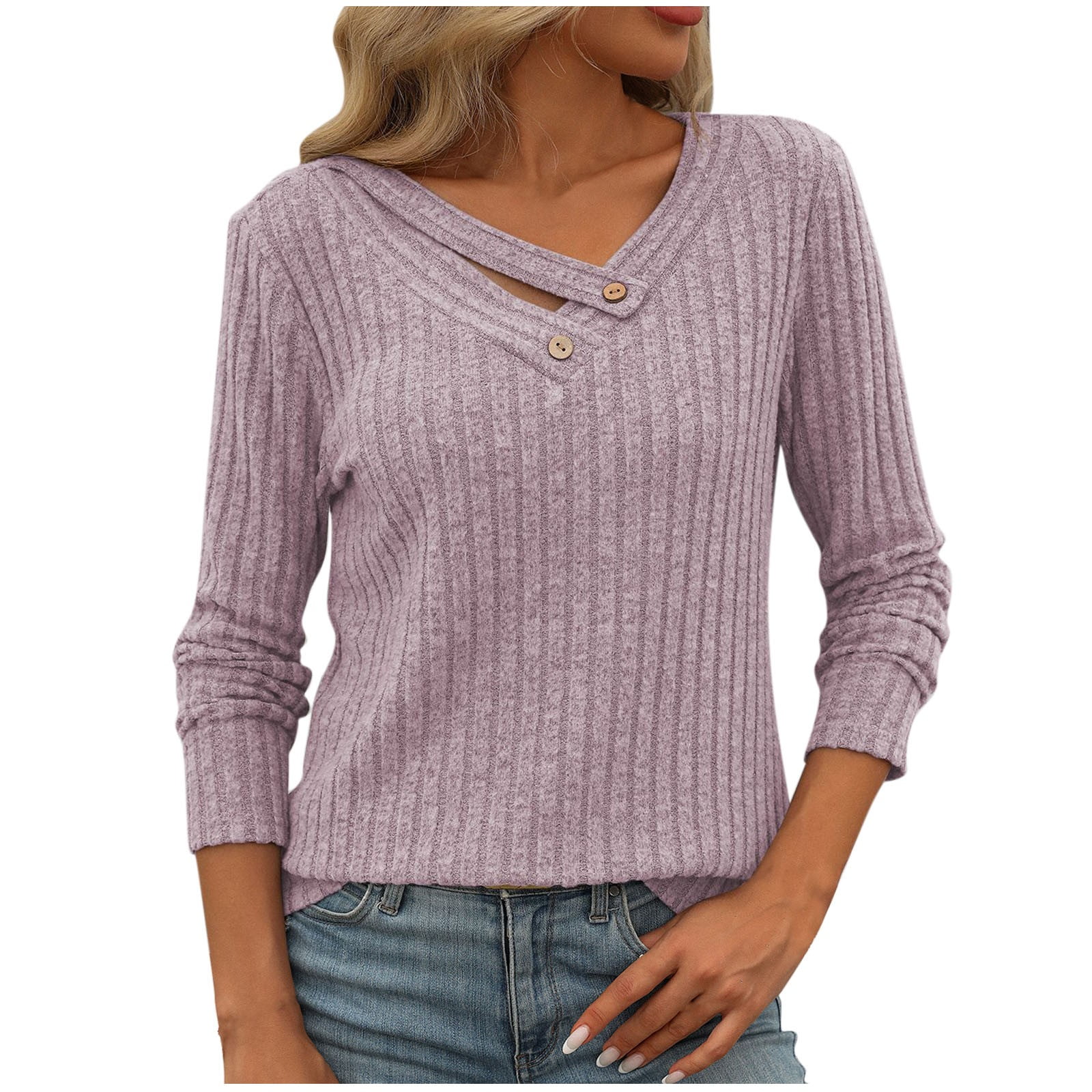 kpmatpey Women Sweaters Ribbed Knit Long Sleeve V Neck Button Pullover ...