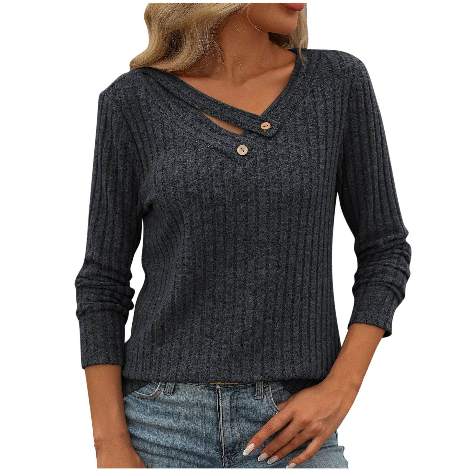kpmatpey Women Sweaters Ribbed Knit Long Sleeve V Neck Button Pullover ...