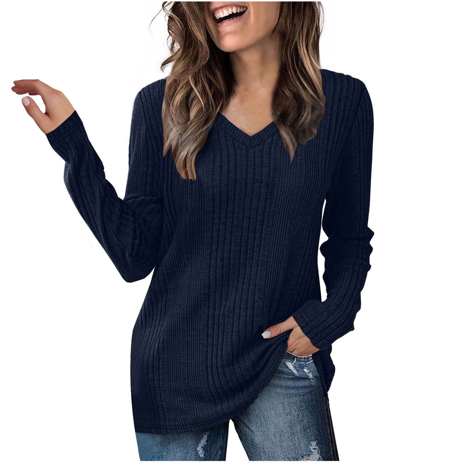 kpmatpey Womens Fall Tops V Neck Long Sleeve Ribbed Loose Casual ...