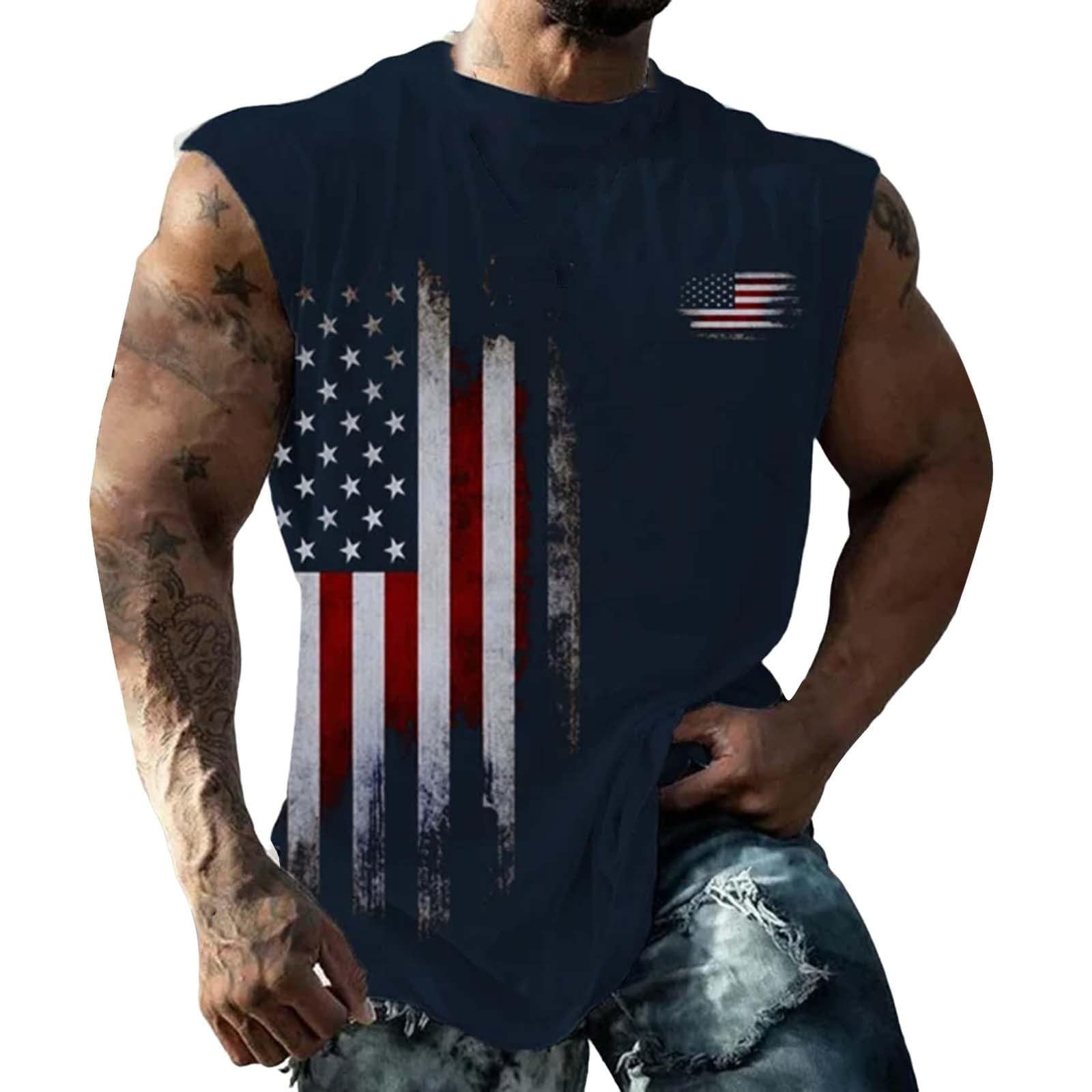kpoplk Men's American Flag Tank Tops 1776 4th of July Shirts Casual Short Sleeved Gym Workout ...