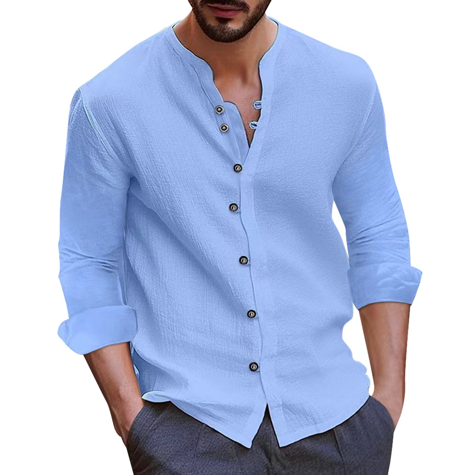 kpoplk Men's Casual Button up Shirt Short Sleeve Linen Chambray Shirt ...