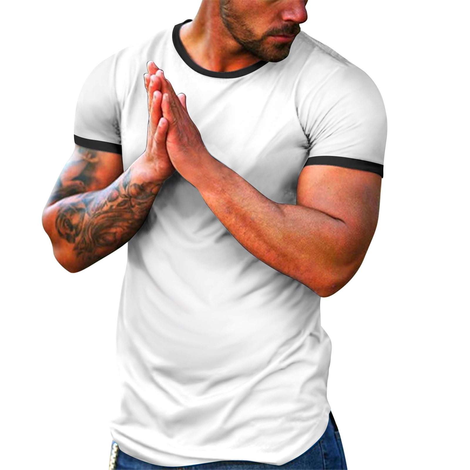 kpoplk Mens Summer Muscle Fitness Street Personality Crew Neck Short Sleeve T Shirt Thin Tee ...