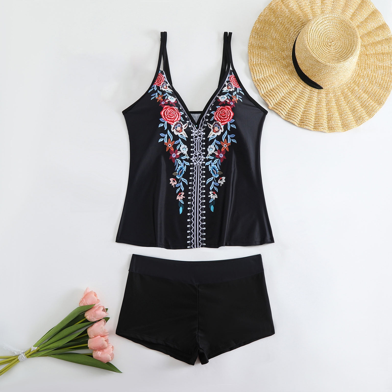 kttectoa Retro Adjustable Spaghetti Straps Shorts Swimsuits Sets Womens ...