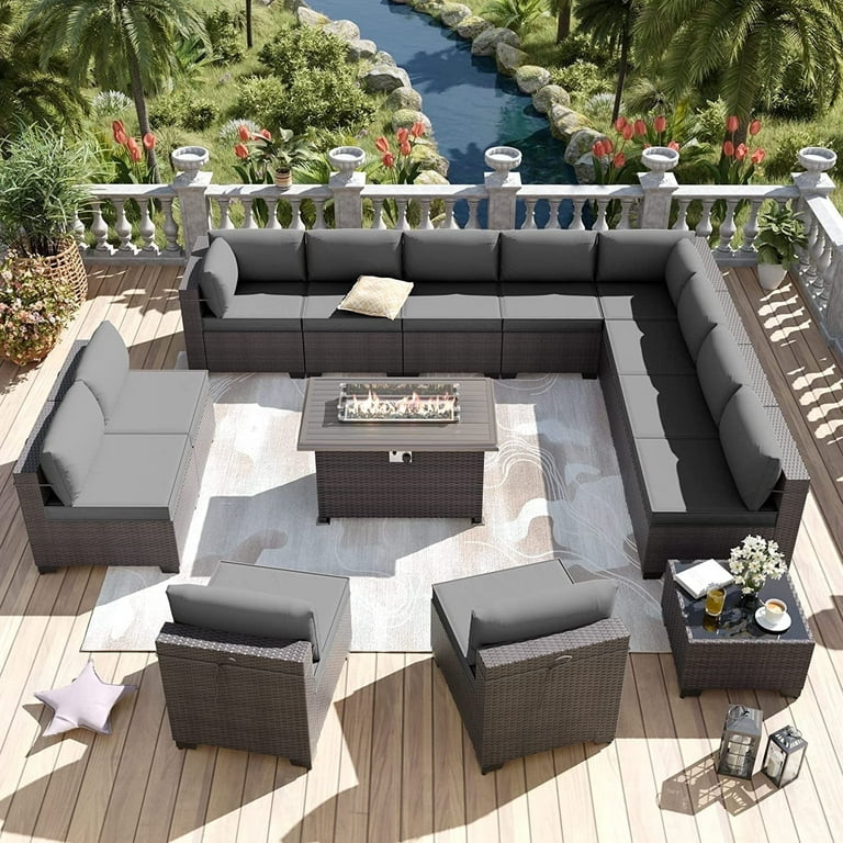 kullavik 14 Pieces Patio Furniture Set Outdoor Furniture Wicker Sectional Sofa Set Rattan Patio Conversation Set with 43in 55 000 BTU Propane Gas