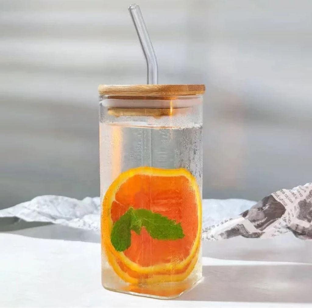 kunya Random Printed Square Glass Mason Sipper with Airtight Bamboo Lid ...