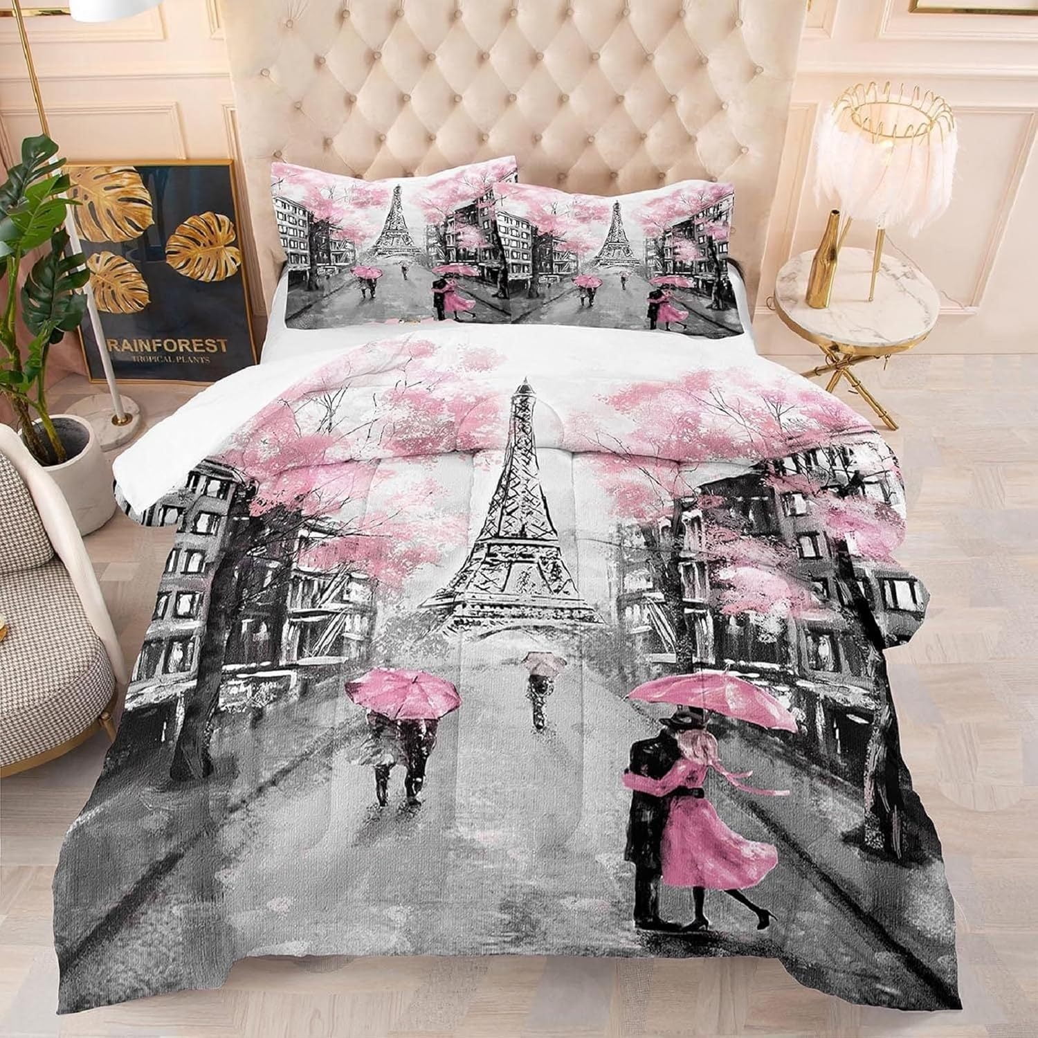 kxry Pink Paris Eiffel Tower Comforter Set Queen Size French Style Couple Lover Flower Bedding ...