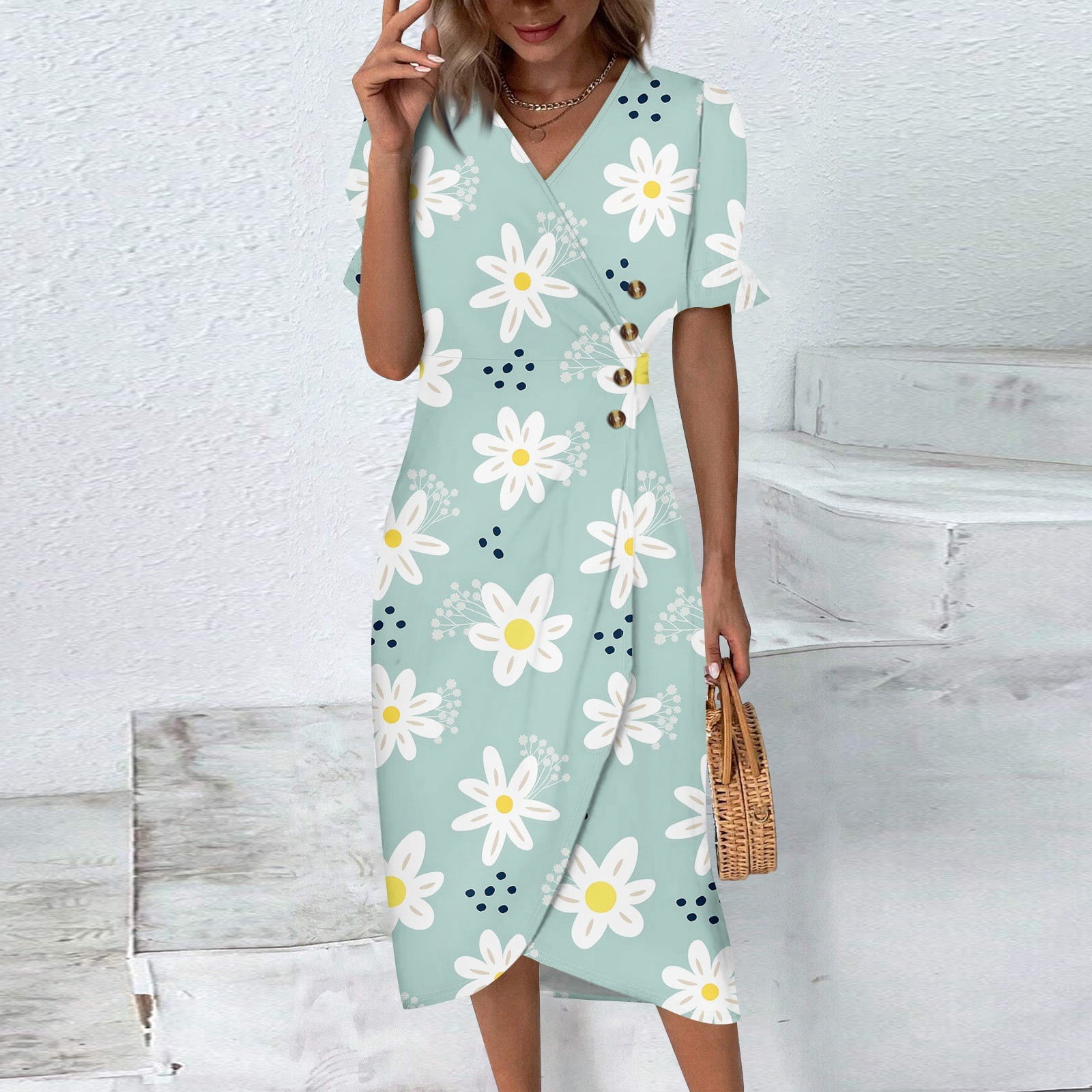 kytmyeq Beach Dresses For Women Spring Summer Elegant Wrap V Neck Boho ...