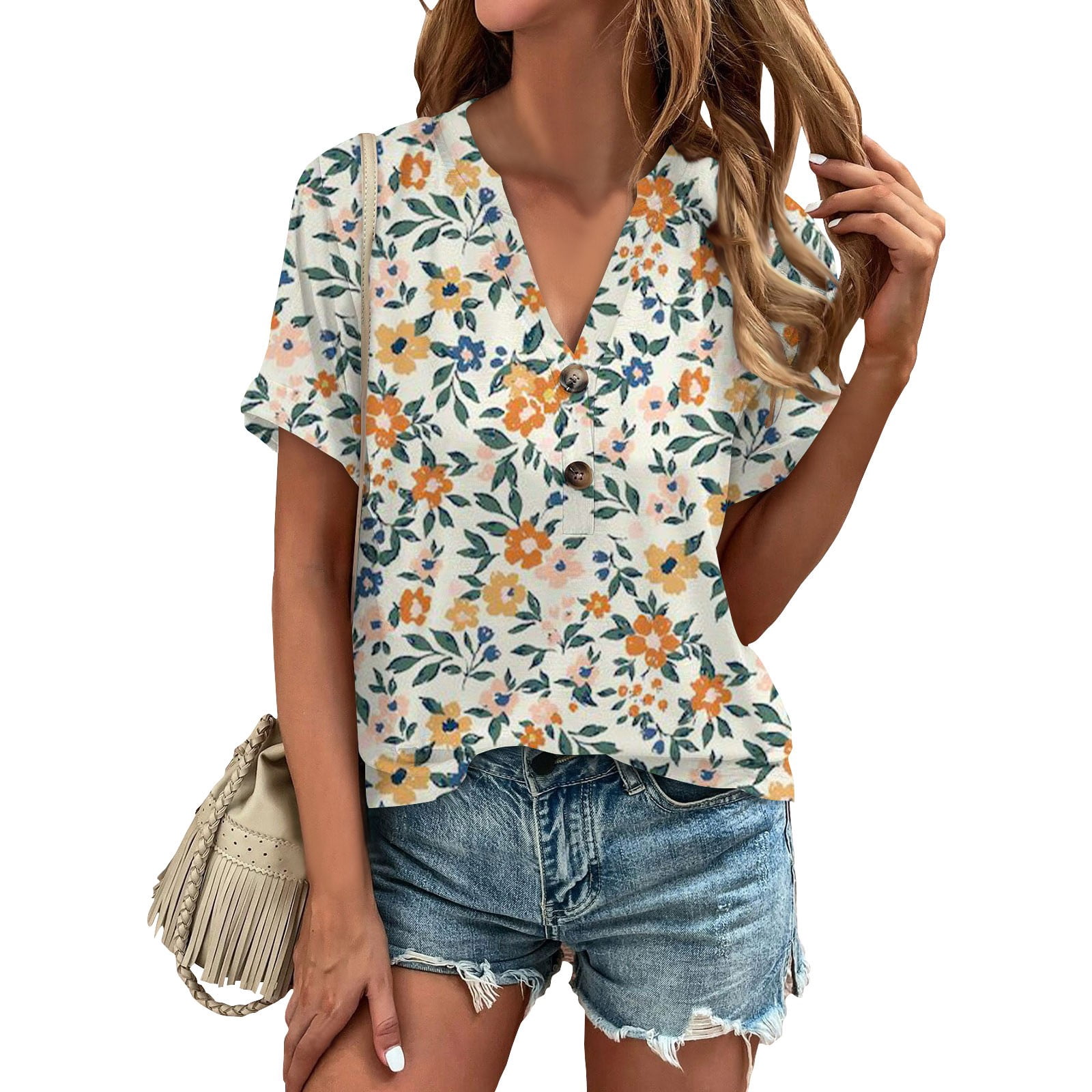 kytmyeq Ladies Summer Casual V-Neck Striped Slim Short Sleeve Blouse ...