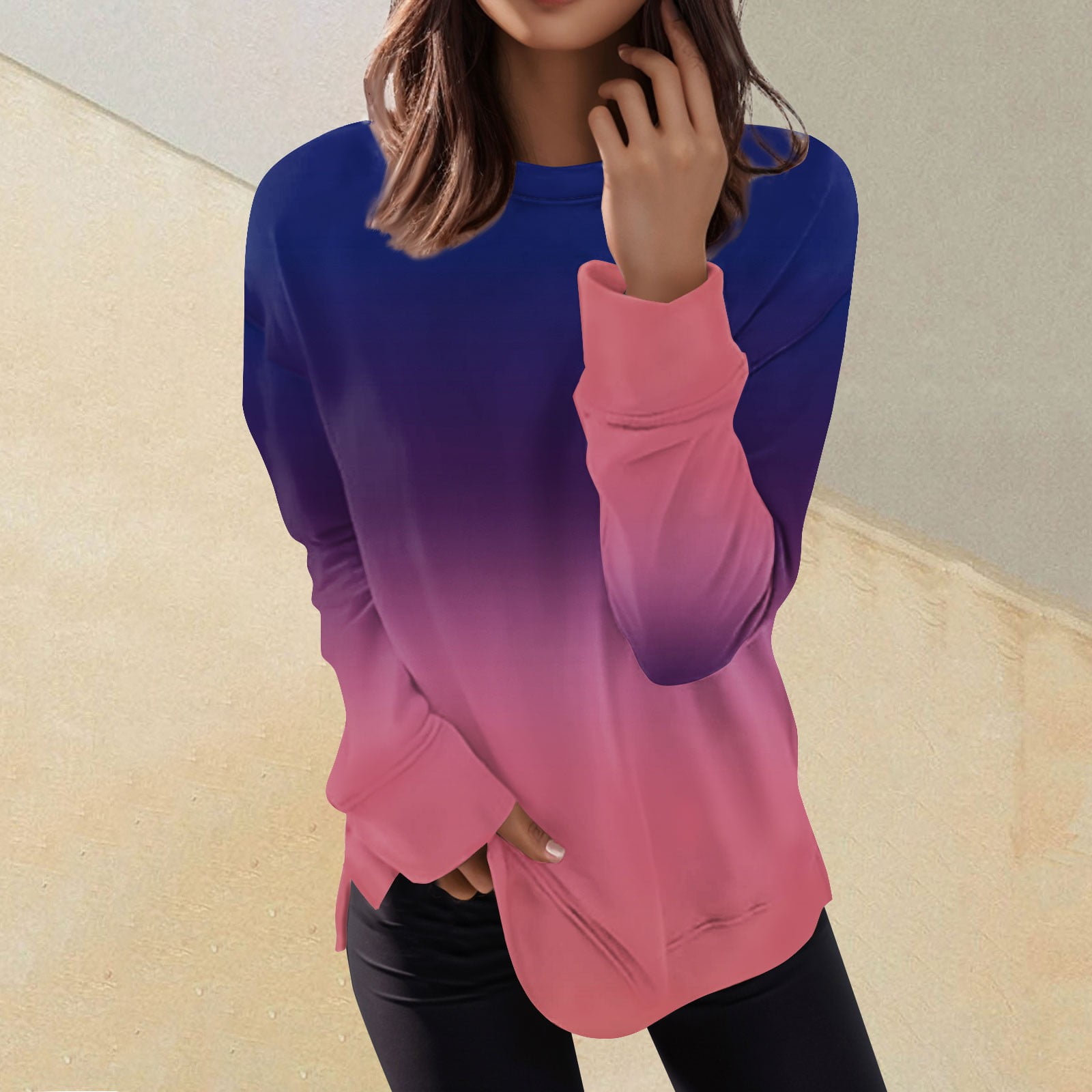 kytmyeq Women's Fashion Long Sleeve Pullover Casual T-Shirt Gradient ...