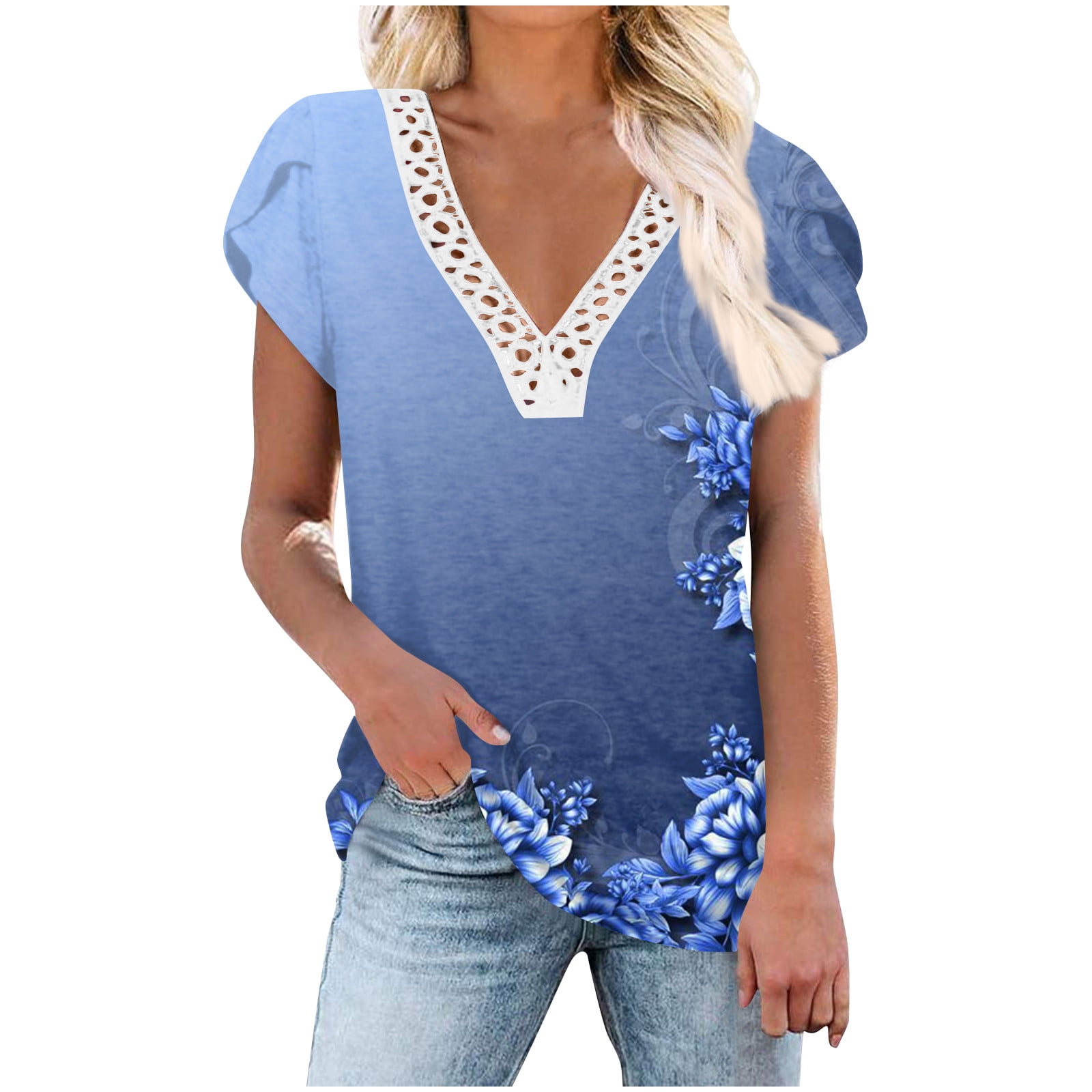 kytmyeq Women's V Neck Summer Top Pleated Petal Sleeve Lace Stitching V ...
