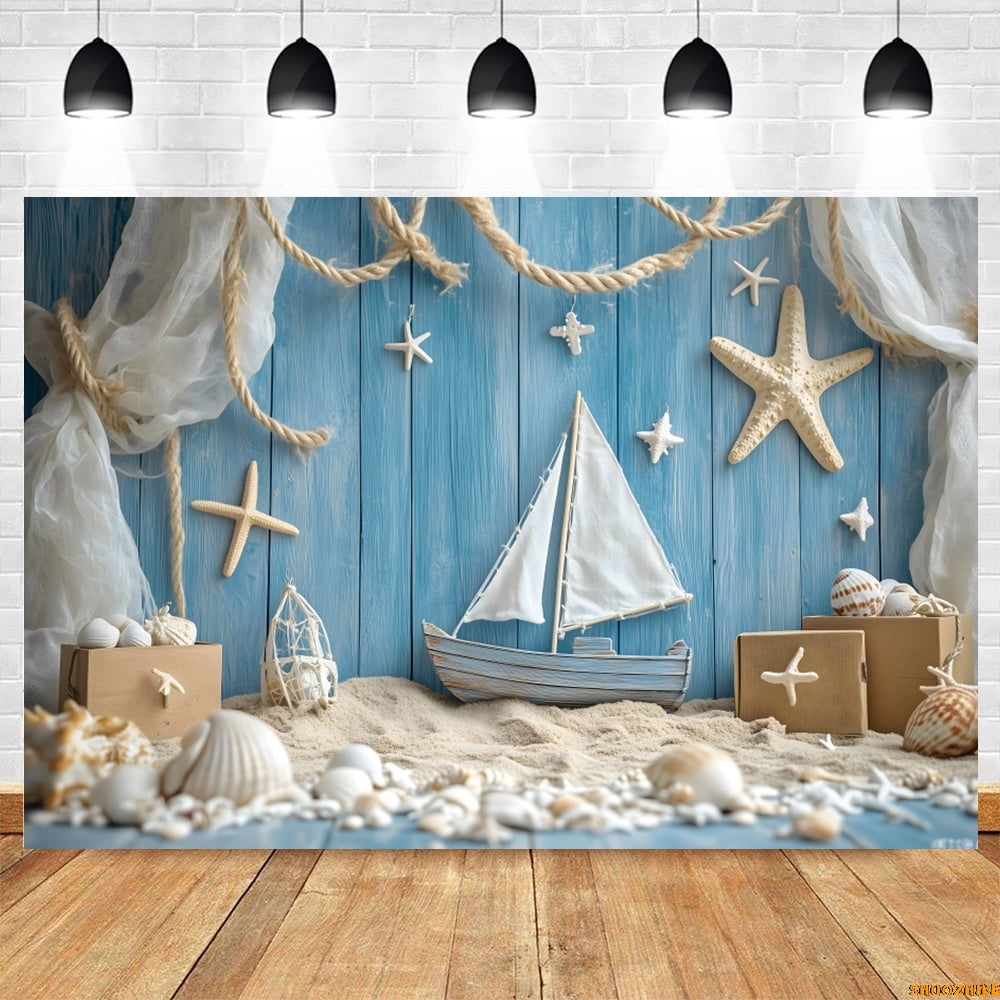 l Backdrop Sailboat Shells Star Baby Shower Kids Birthday Party r ...