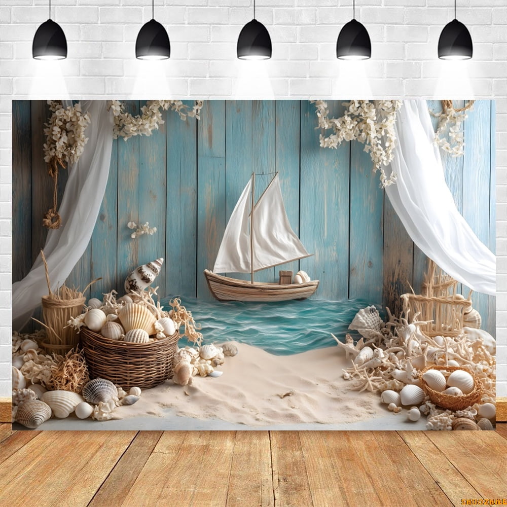 l Backdrop Sailboat Shells Star Baby Shower Kids Birthday Party r ...