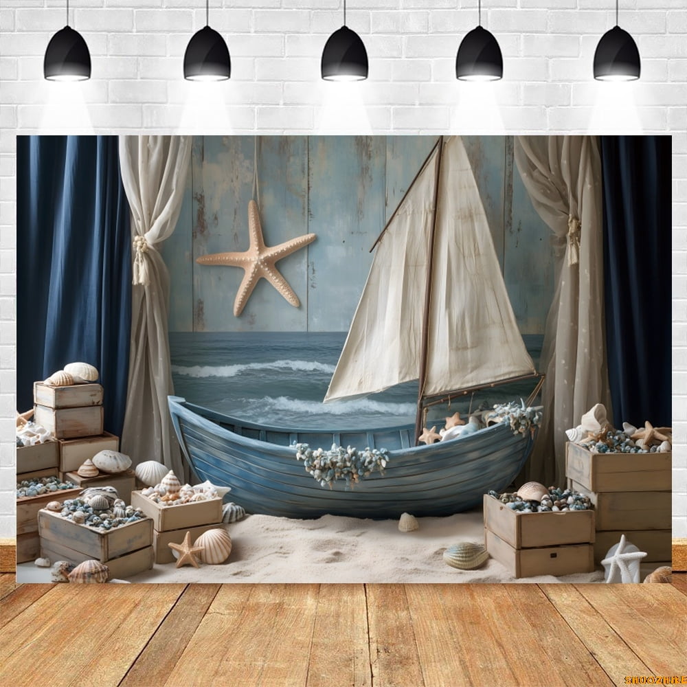 l Backdrop Sailboat Shells Star Baby Shower Kids Birthday Party r ...